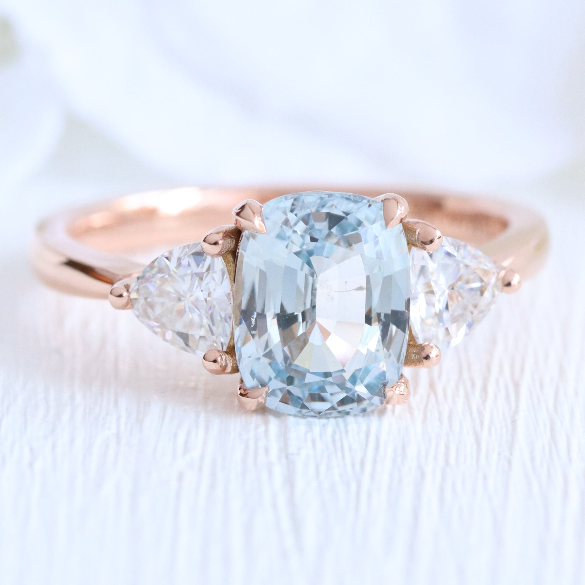 Large Aqua Blue Sapphire 3 Stone Ring Rose Gold Cushion Engagement Ring ...