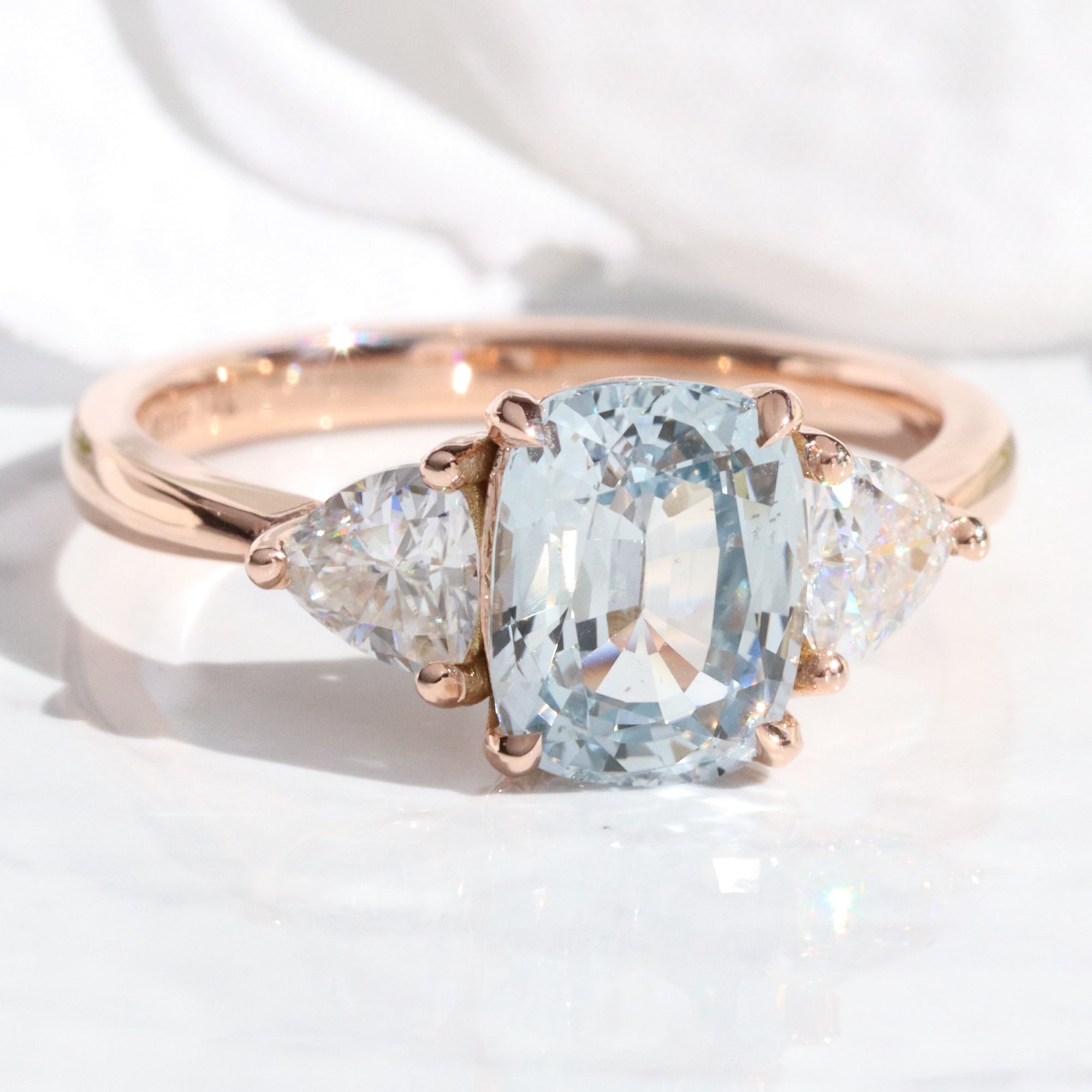 Large Aqua Blue Sapphire 3 Stone Ring Rose Gold Cushion Engagement Ring ...