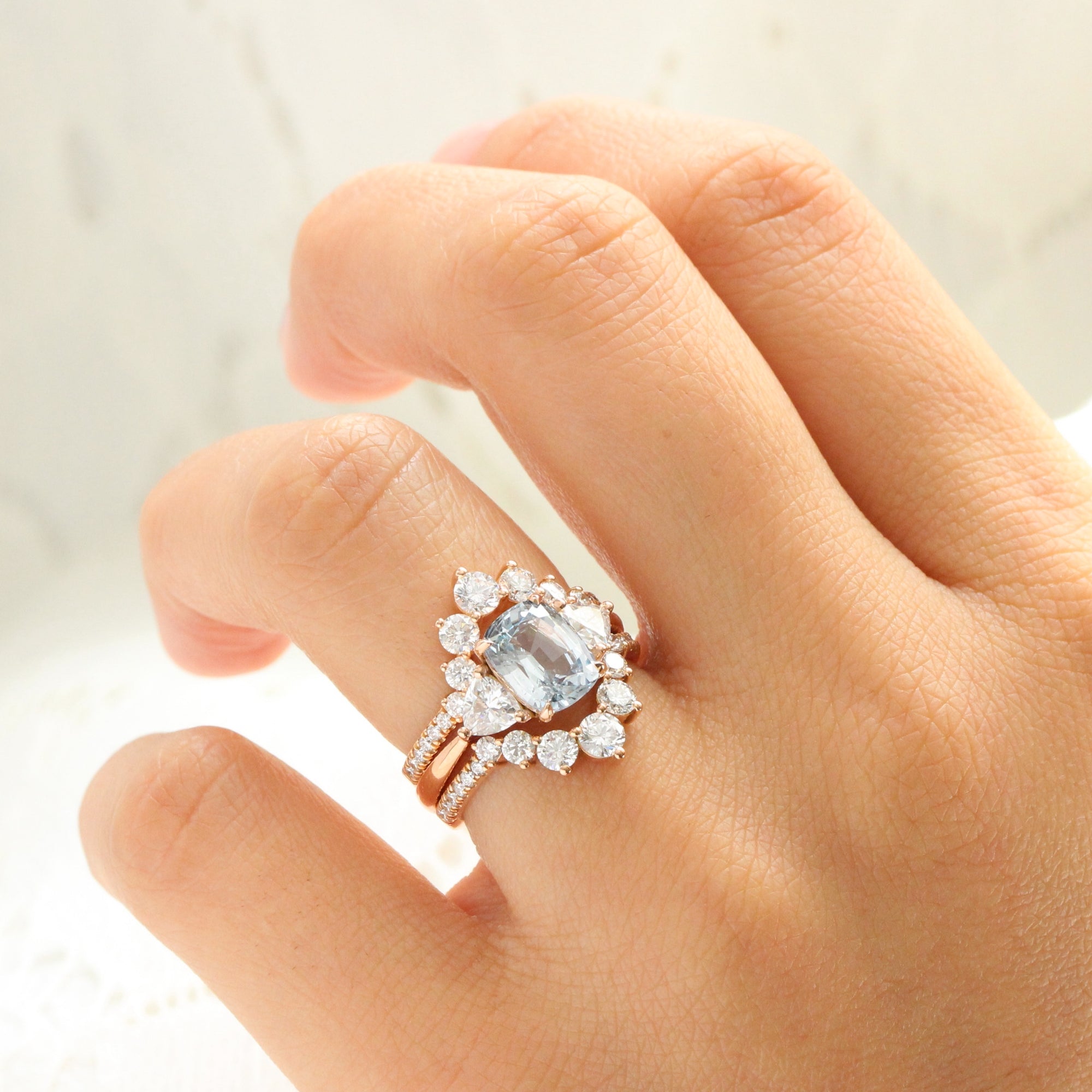 Large Aqua Blue Sapphire 3 Stone Ring Rose Gold Cushion Engagement Ring ...