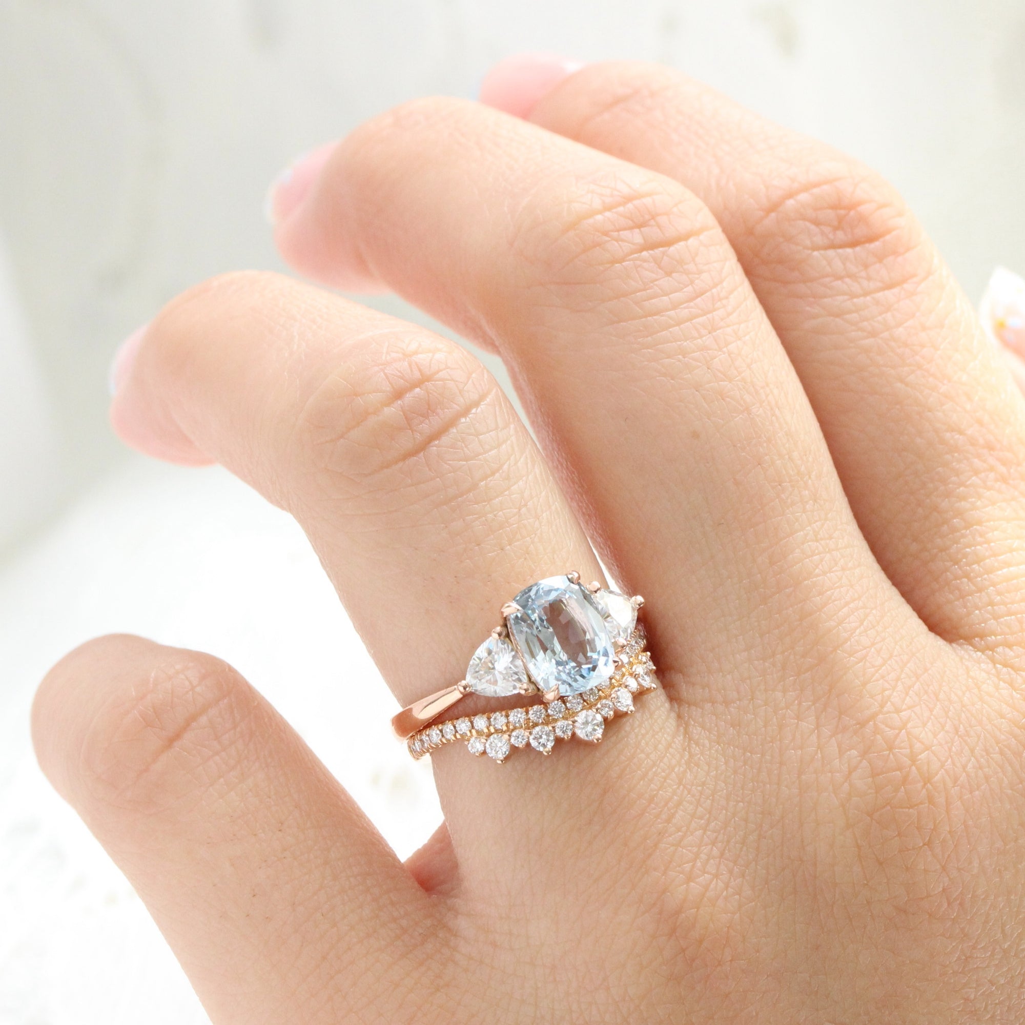 Large Aqua Blue Sapphire 3 Stone Ring Rose Gold Cushion Engagement Ring ...