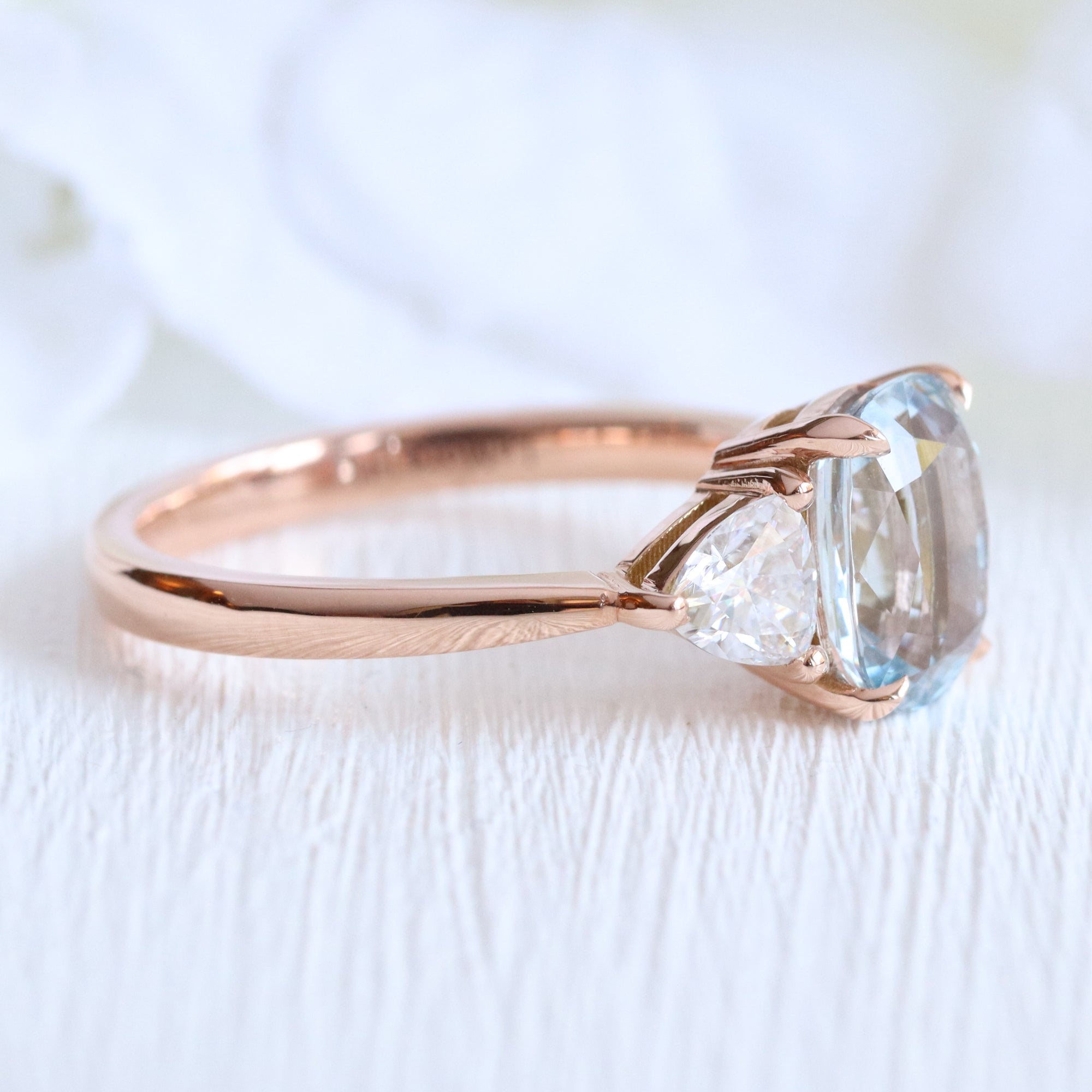 Large Aqua Blue Sapphire 3 Stone Ring Rose Gold Cushion Engagement Ring ...