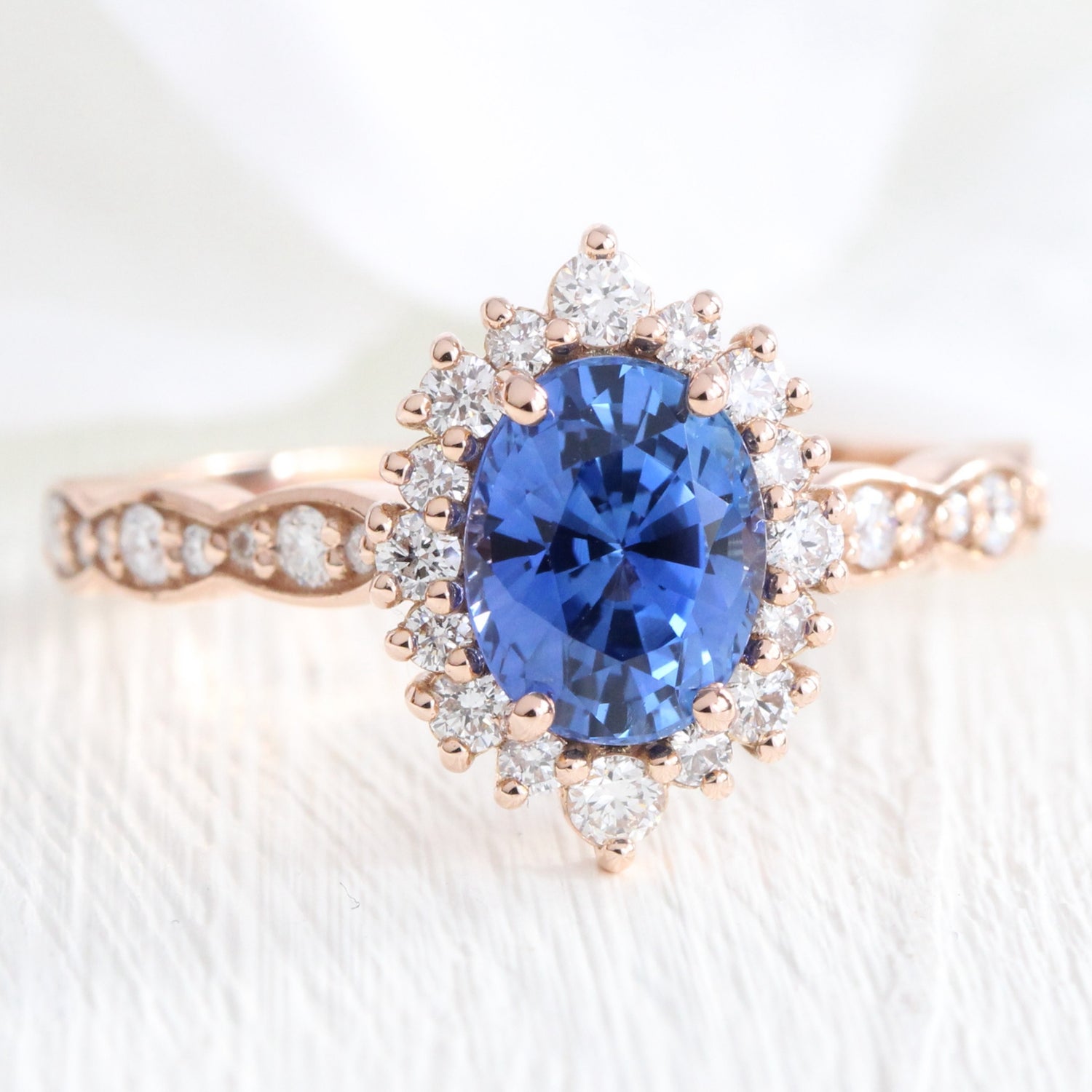 Oval Ceylon Blue Sapphire Ring Rose Gold Halo Diamond Engagement Ring ...