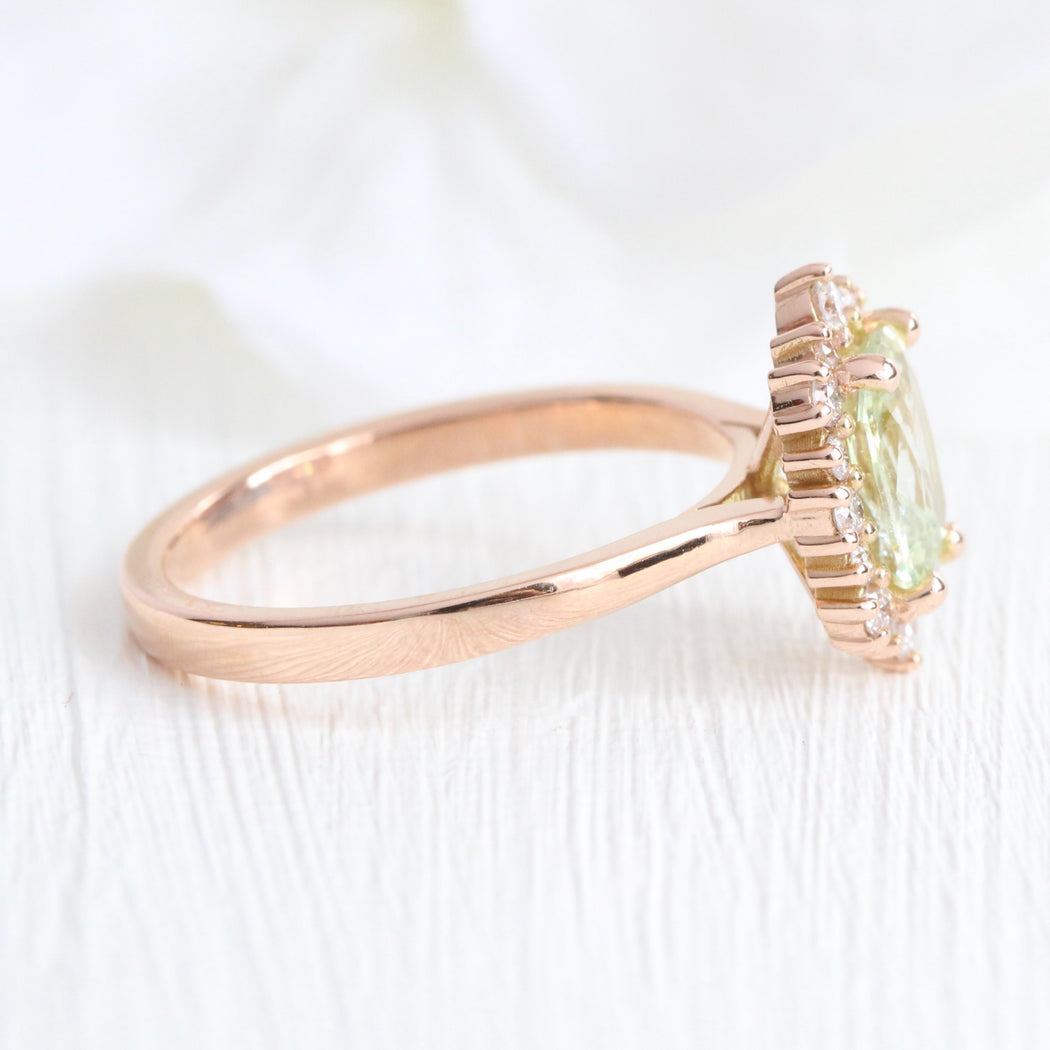 Light Green Sapphire Halo Diamond Ring Rose Gold Cushion Engagement ...