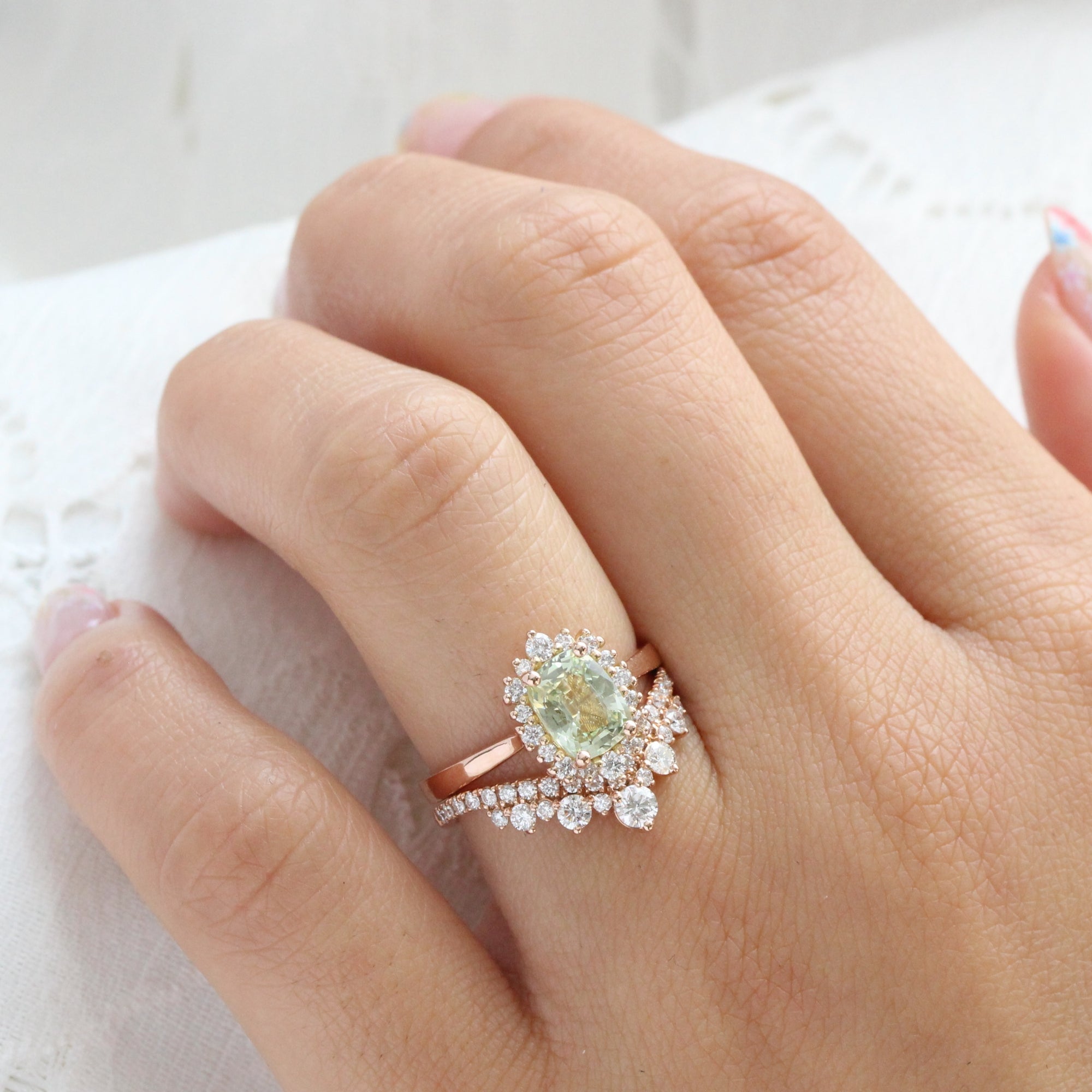 Light Green Sapphire Halo Diamond Ring Rose Gold Cushion Engagement La More Design