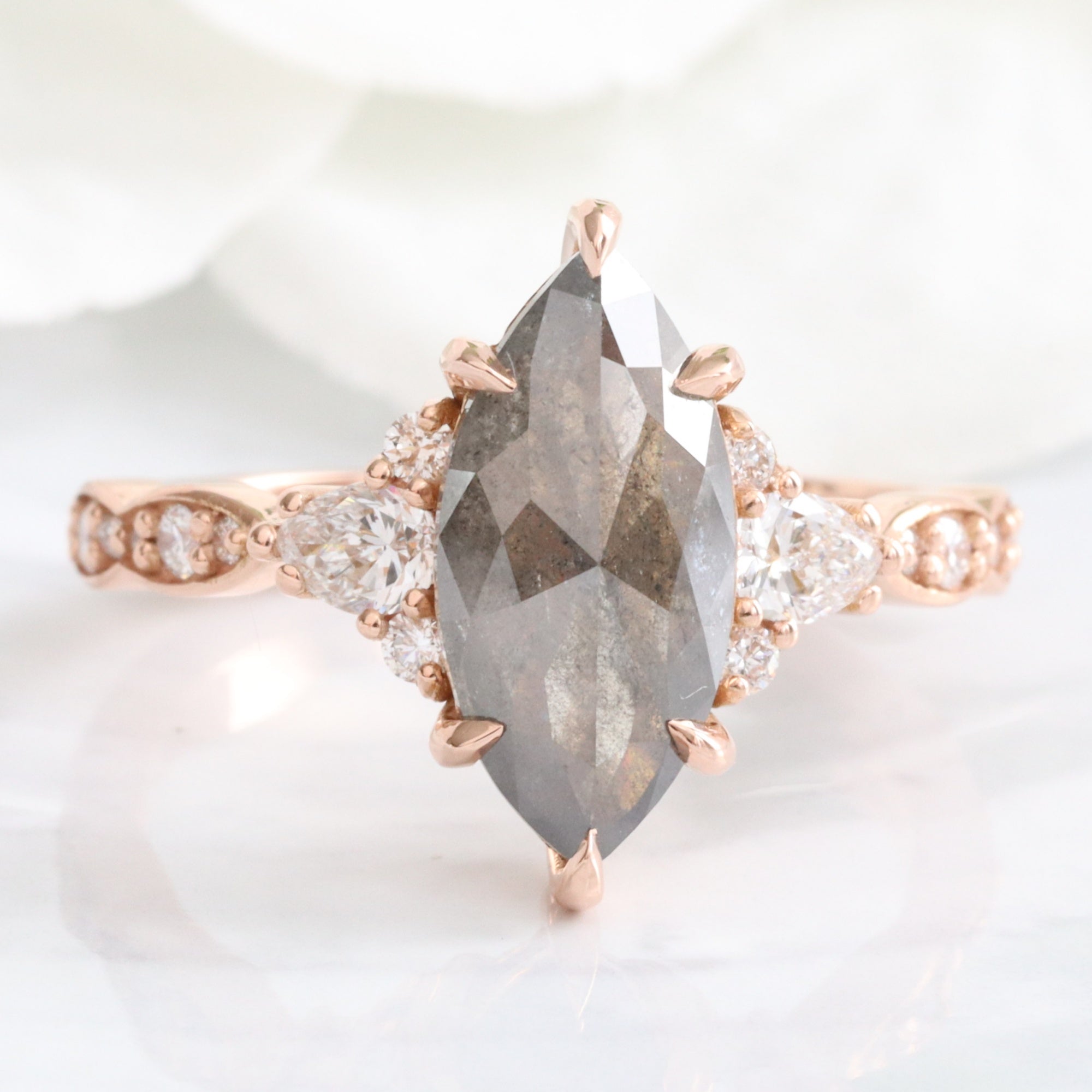 Large Marquise Salt and Pepper Diamond Ring Rose Gold 3 Stone Ring