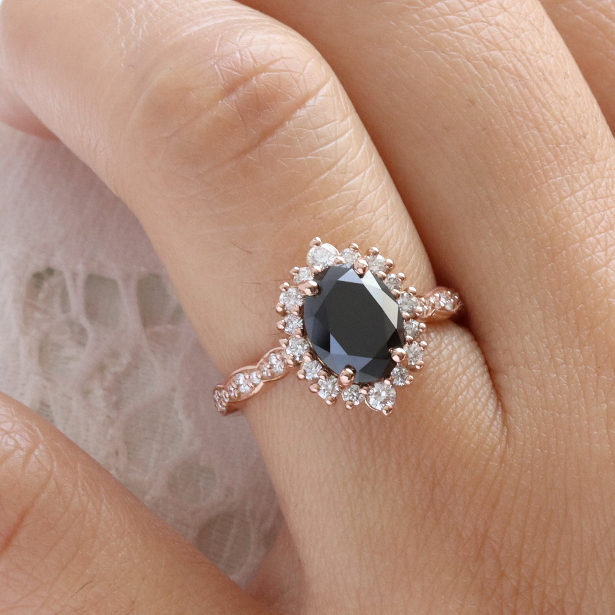 Large Oval Black Diamond Engagement Ring Rose Gold Black Halo Ring | La ...