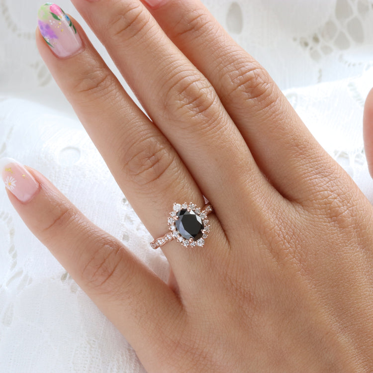 Large Oval Black Diamond Engagement Ring Rose Gold Black Halo Ring | La ...