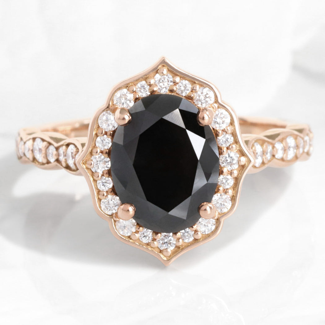 Vintage Style Black Diamond Engagement Ring Rose Gold Oval Halo Ring ...