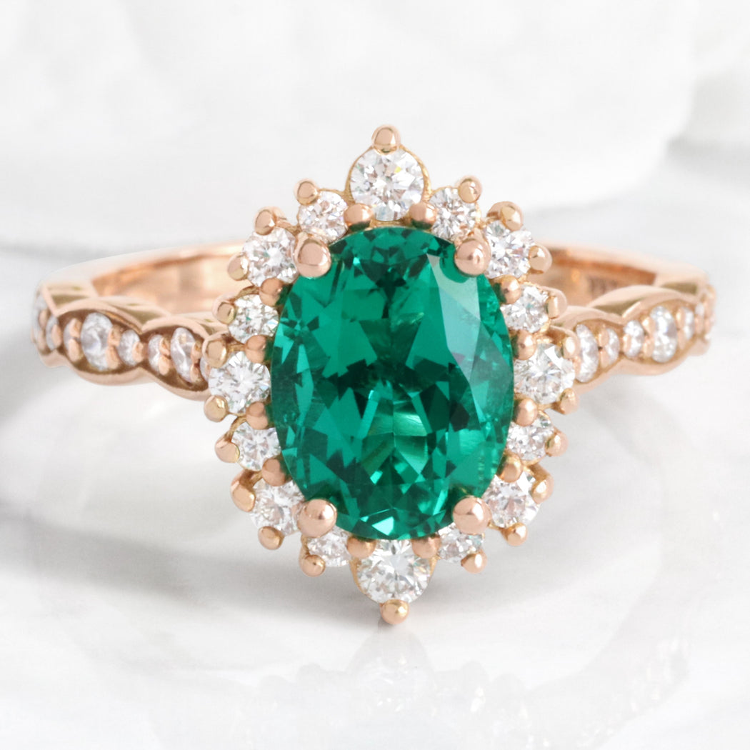 Large Oval Emerald Engagement Ring Rose Gold Cluster Halo Diamond Ring ...