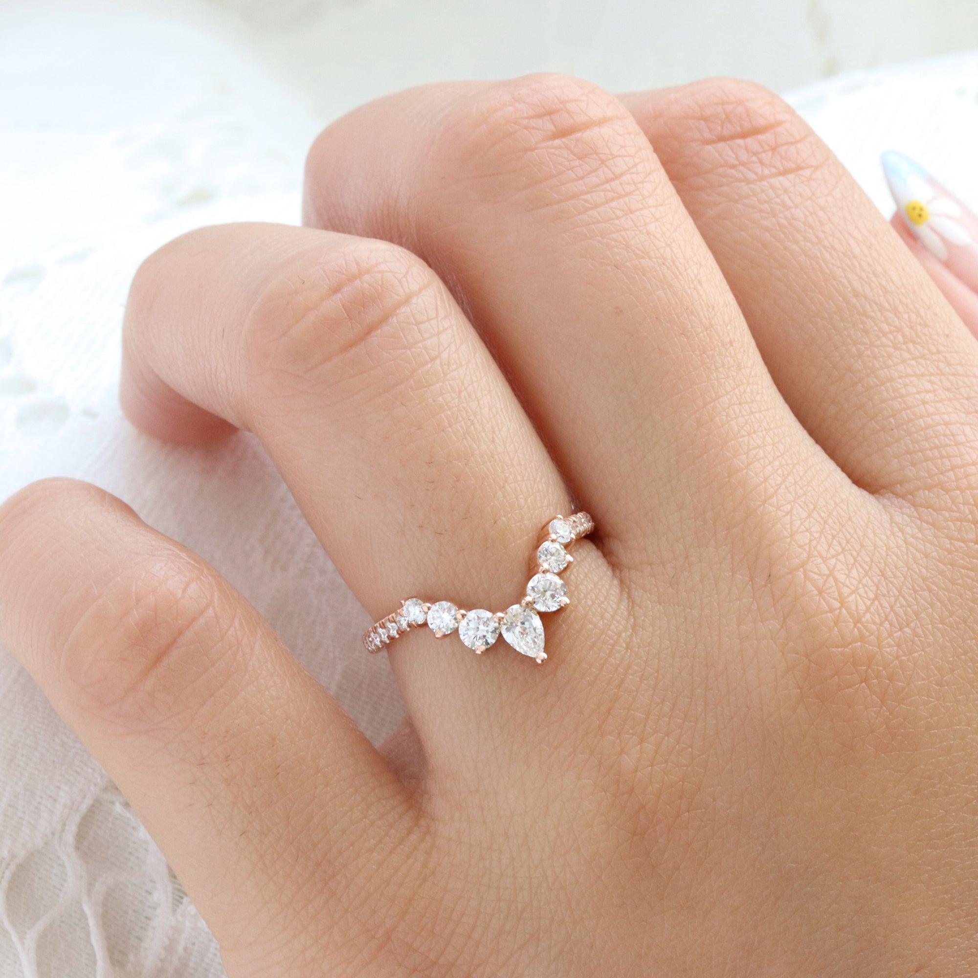 Large Round and Pear Diamond Wedding Ring Rose Gold Curved Pave Band ...