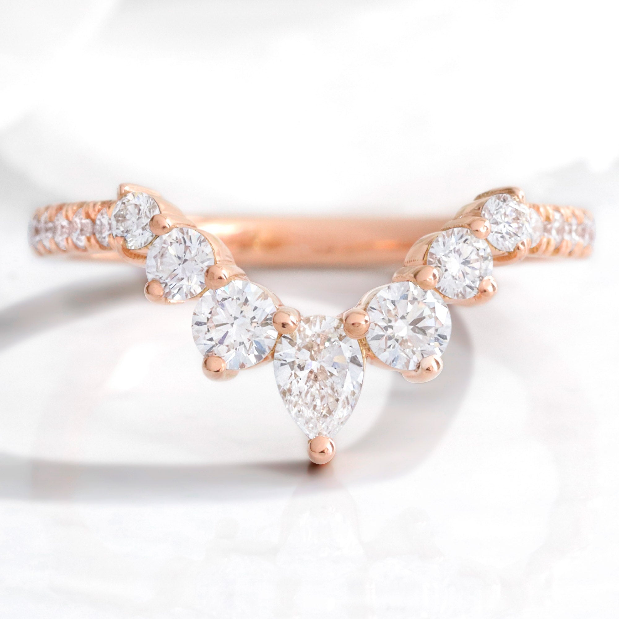 Large Round and Pear Diamond Wedding Ring Rose Gold Curved Pave Band ...