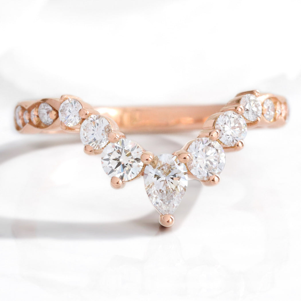 Large Round and Pear Diamond Wedding Band Rose Gold Contour Ring Stack ...