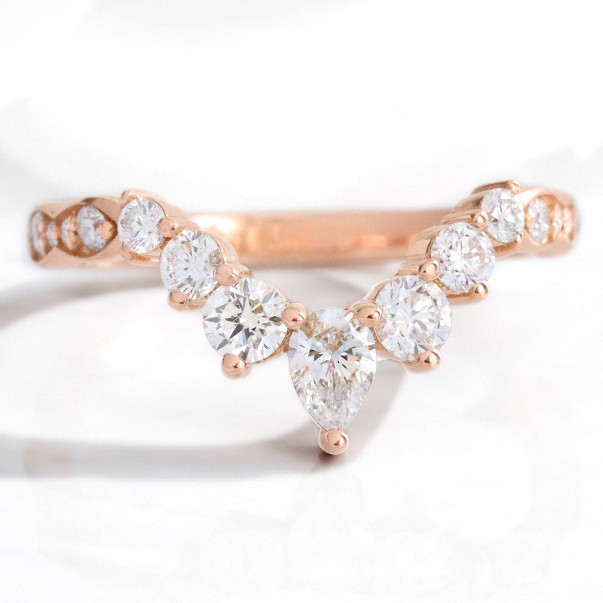 Large Round and Pear Diamond Wedding Band Rose Gold Contour Ring Stack ...