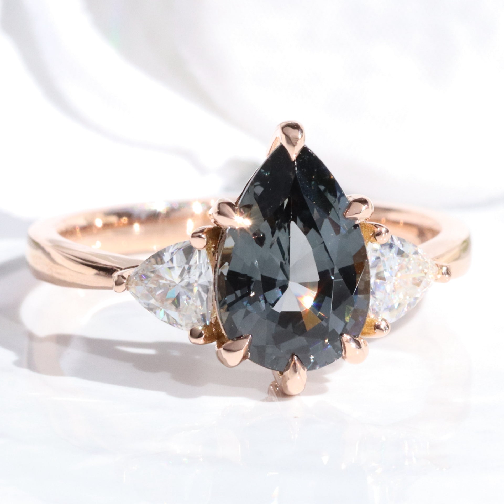 Large Pear Grey Spinel Ring in 14k Rose Gold 3 Stone Engagement Ring ...