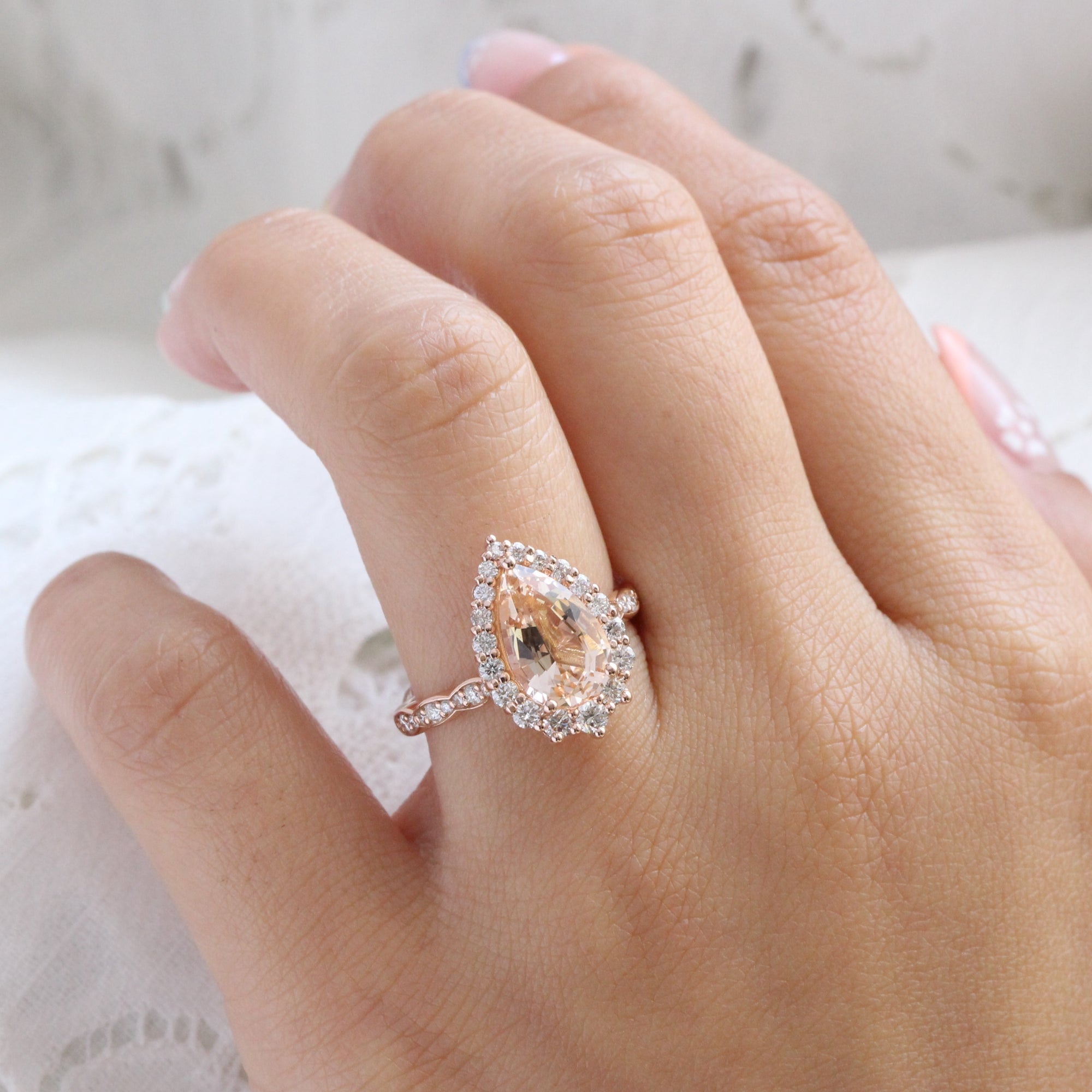 Large Morganite Diamond Ring Rose Gold Pear Halo Engagement Ring Band ...