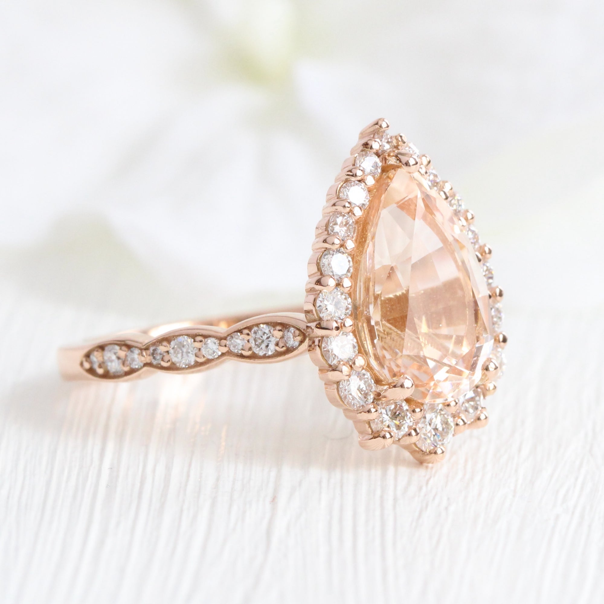 Large Morganite Diamond Ring Rose Gold Pear Halo Engagement Ring Band ...