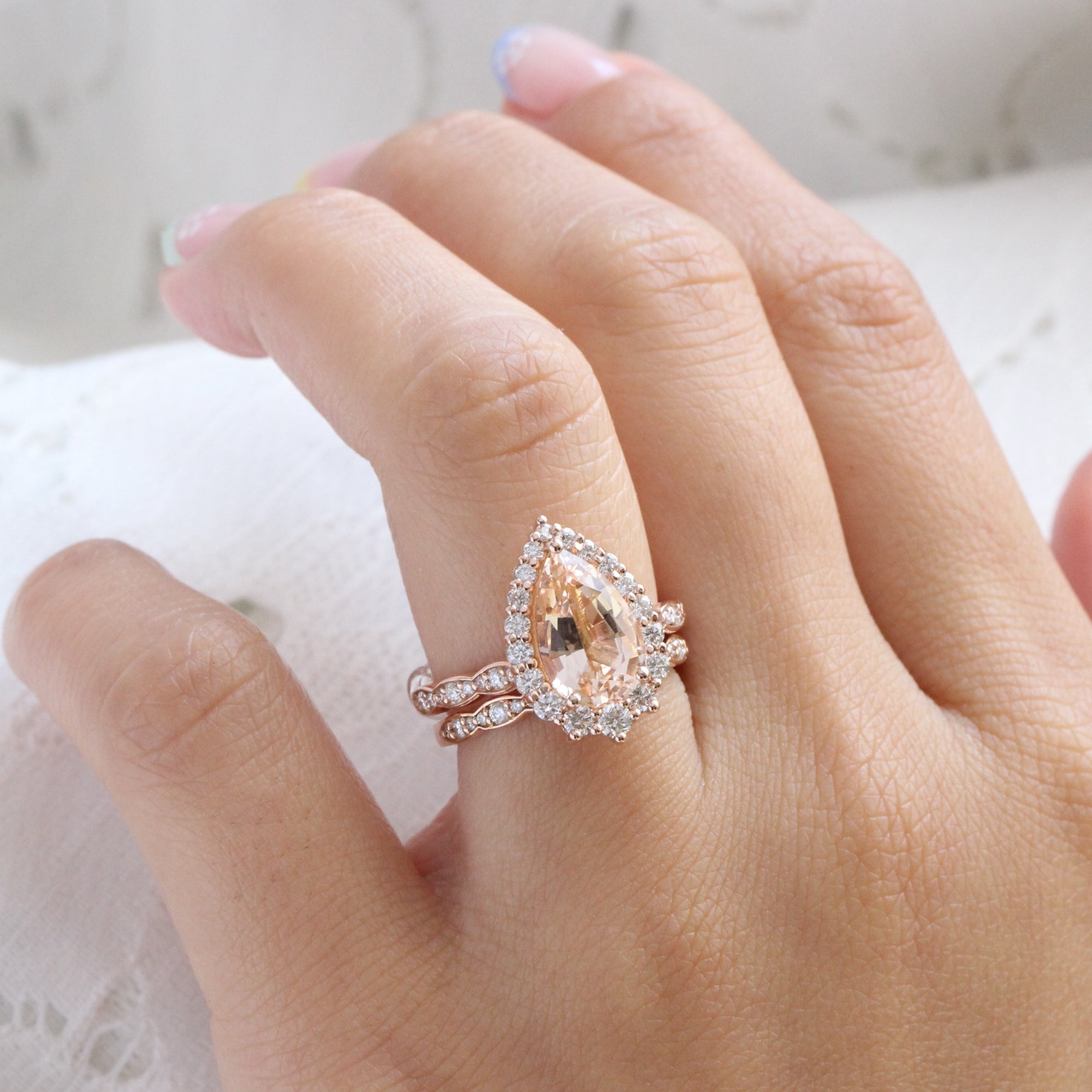 Large Morganite Diamond Ring Rose Gold Pear Halo Engagement Ring Band ...