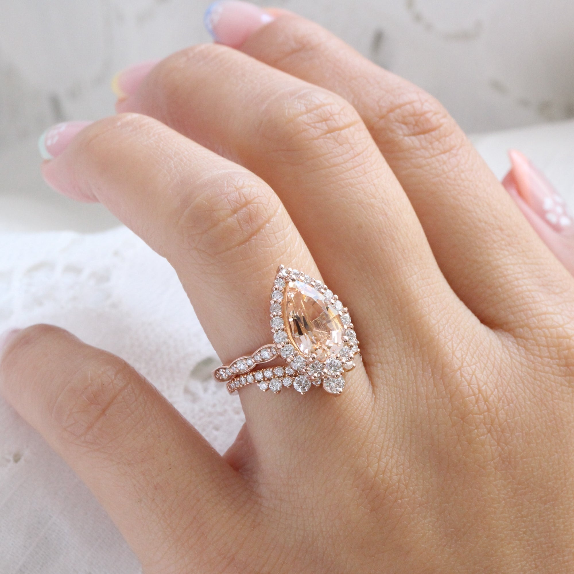 Large Morganite Diamond Ring Rose Gold Pear Halo Engagement Ring Band ...
