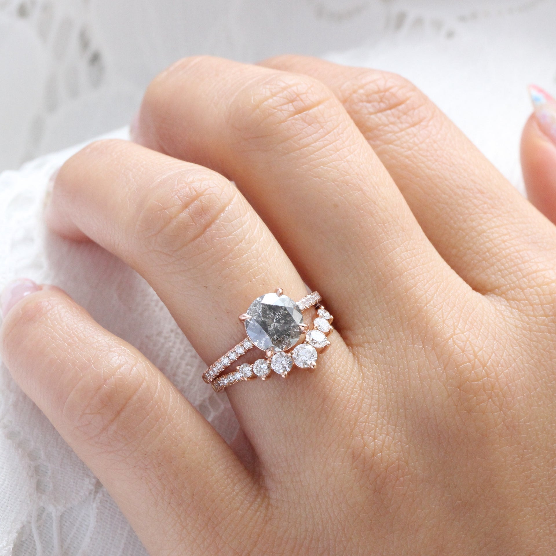 Large Salt and Pepper Diamond Ring 14k Rose Gold Solitaire Pave Band ...