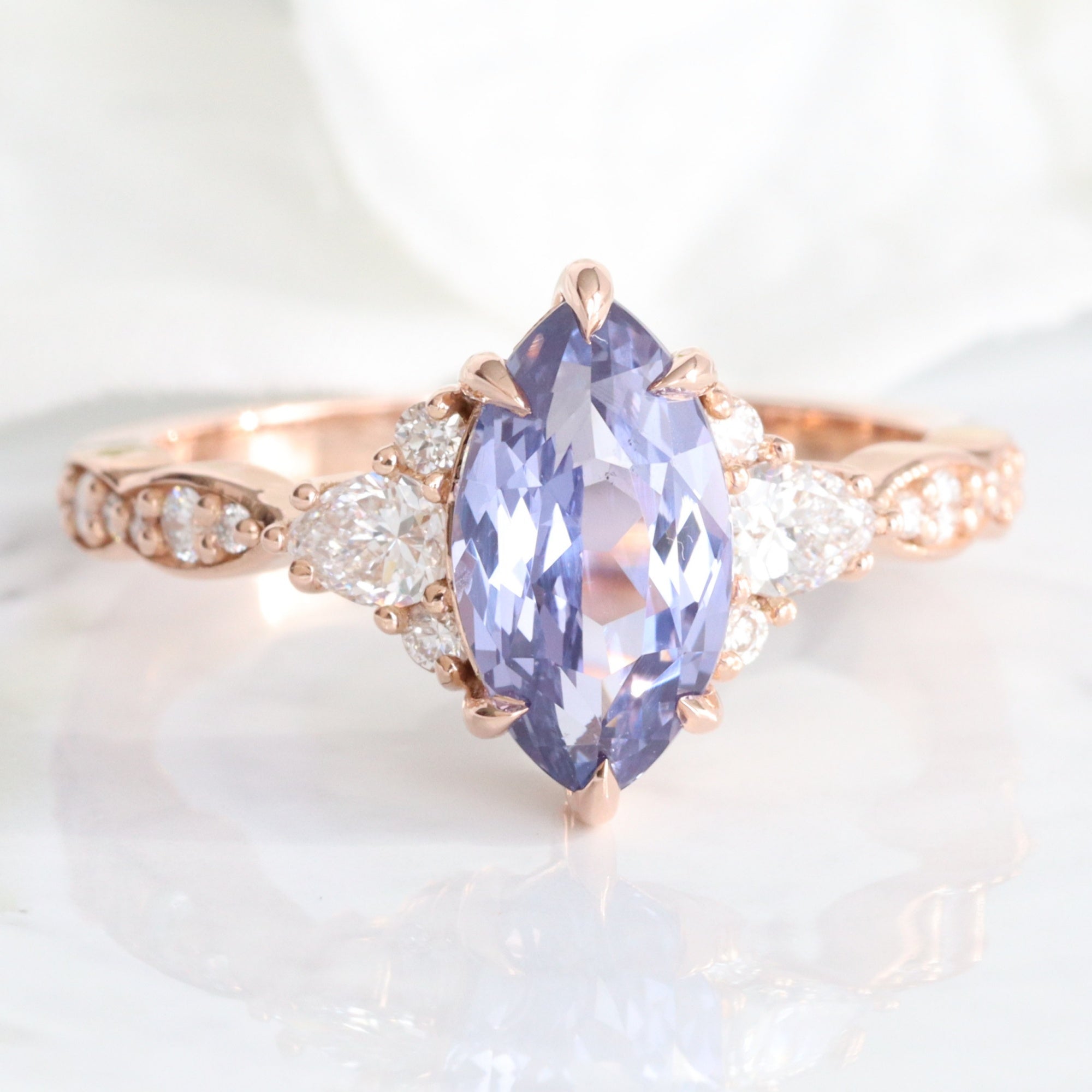 Large Marquise Lavender Sapphire Ring Rose Gold 3 Stone Diamond Ring ...