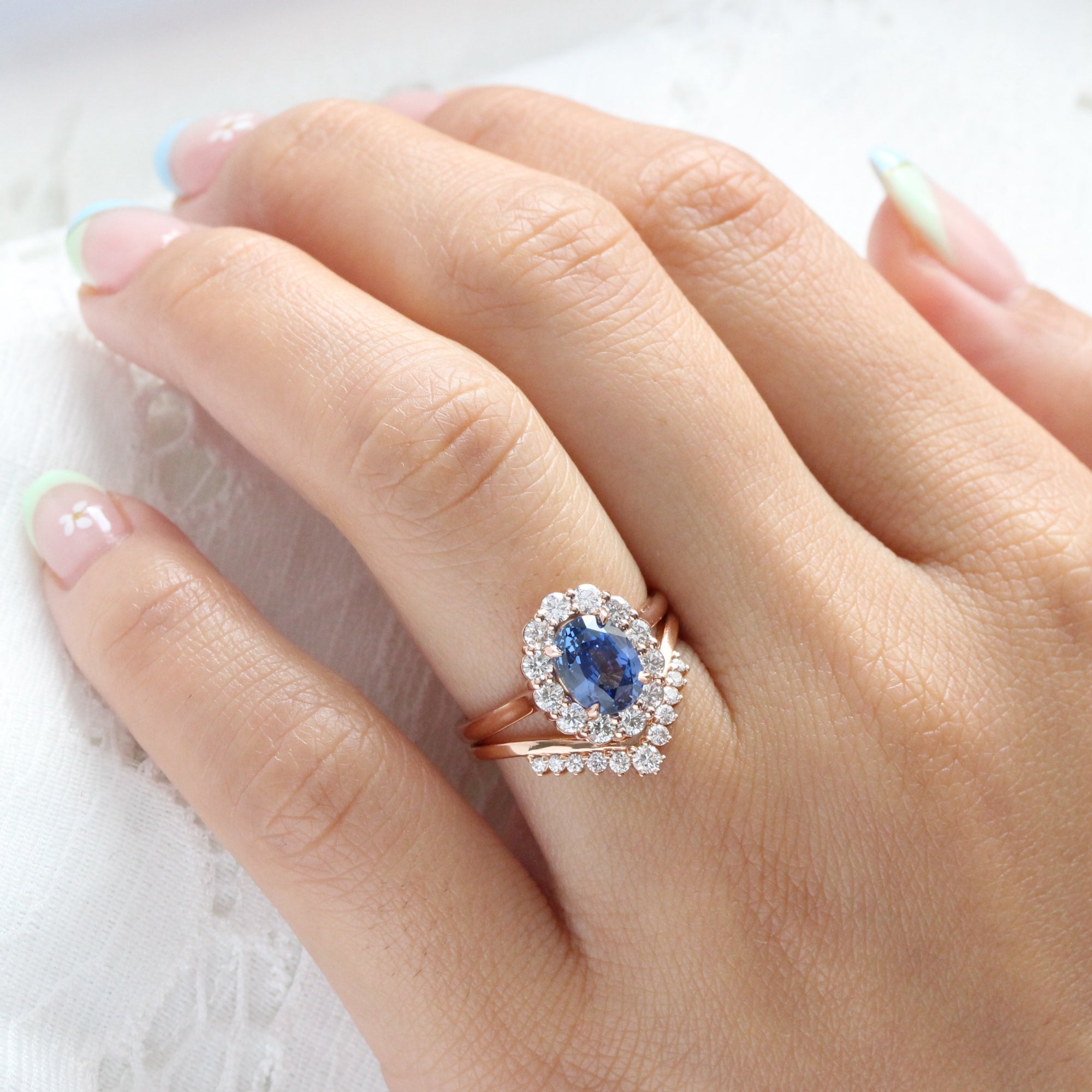 Large Diamond Ceylon Blue Sapphire Halo Engagement Ring Rose Gold | La ...