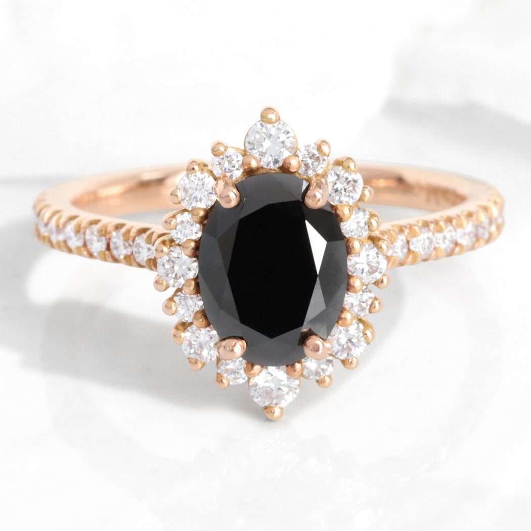 Natural Black Diamond Engagement Ring Rose Gold Halo Diamond Oval Ring ...