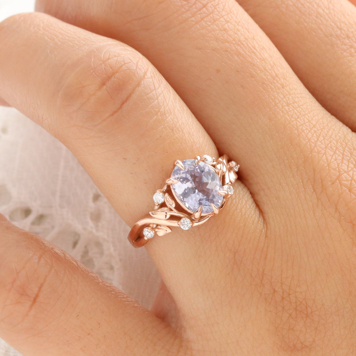 Oval Lavender Sapphire Diamond Ring Rose Gold Floral Solitaire Ring ...