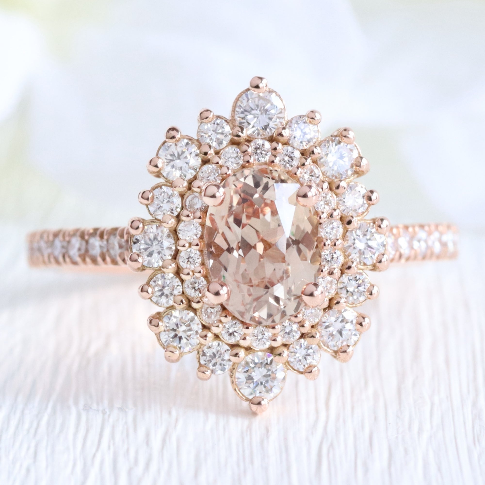 Oval Peach Sapphire Pave Ring Rose Gold Double Halo Diamond Ring | La ...