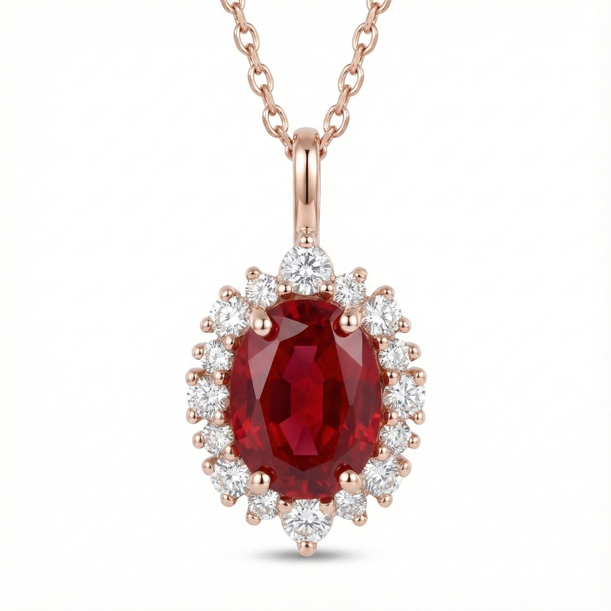 Oval Ruby Necklace Rose Gold Halo Diamond Pendant July Birthstone | La ...