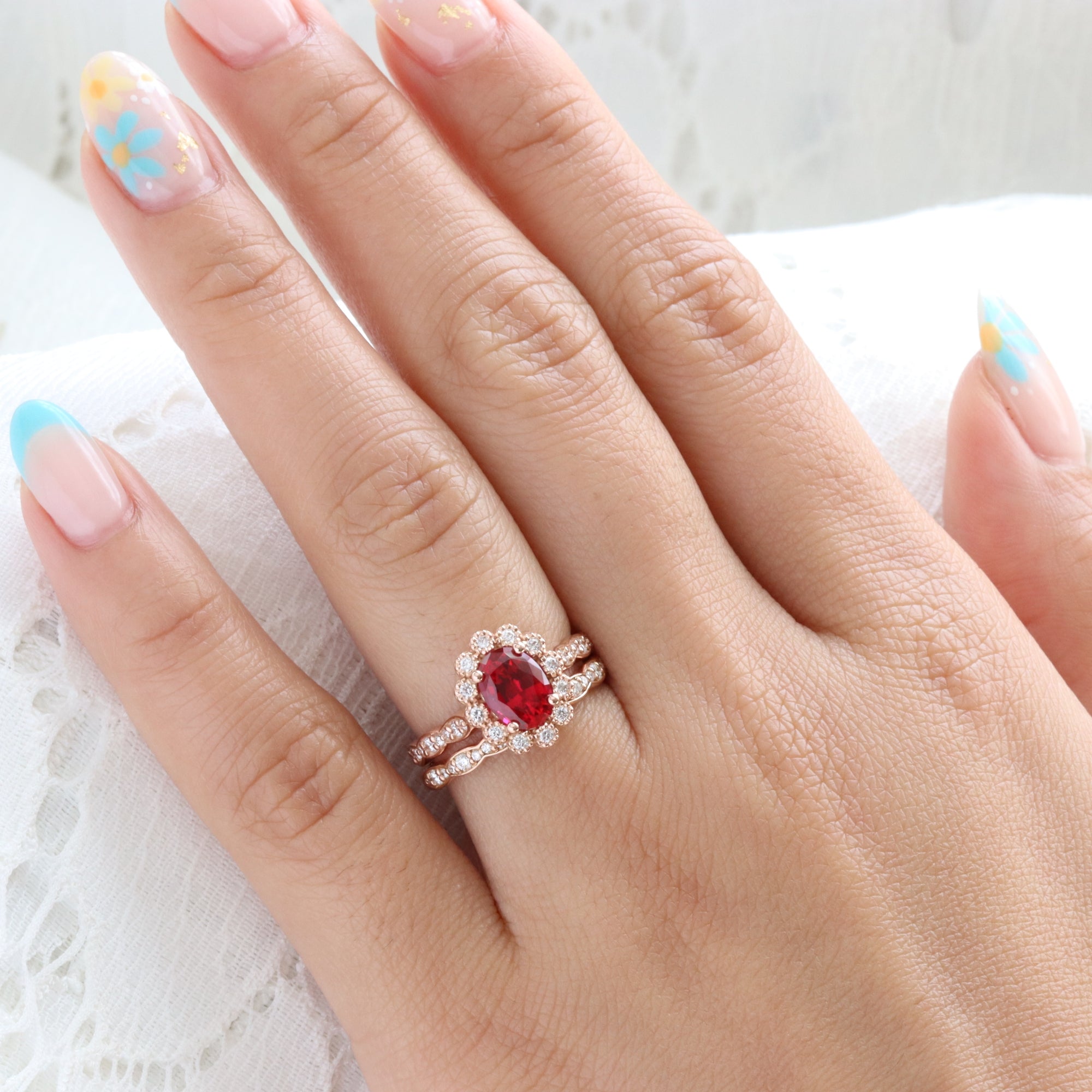 Oval Ruby and Diamond Ring Set Rose Gold Vintage Ruby Halo Ring Stack ...