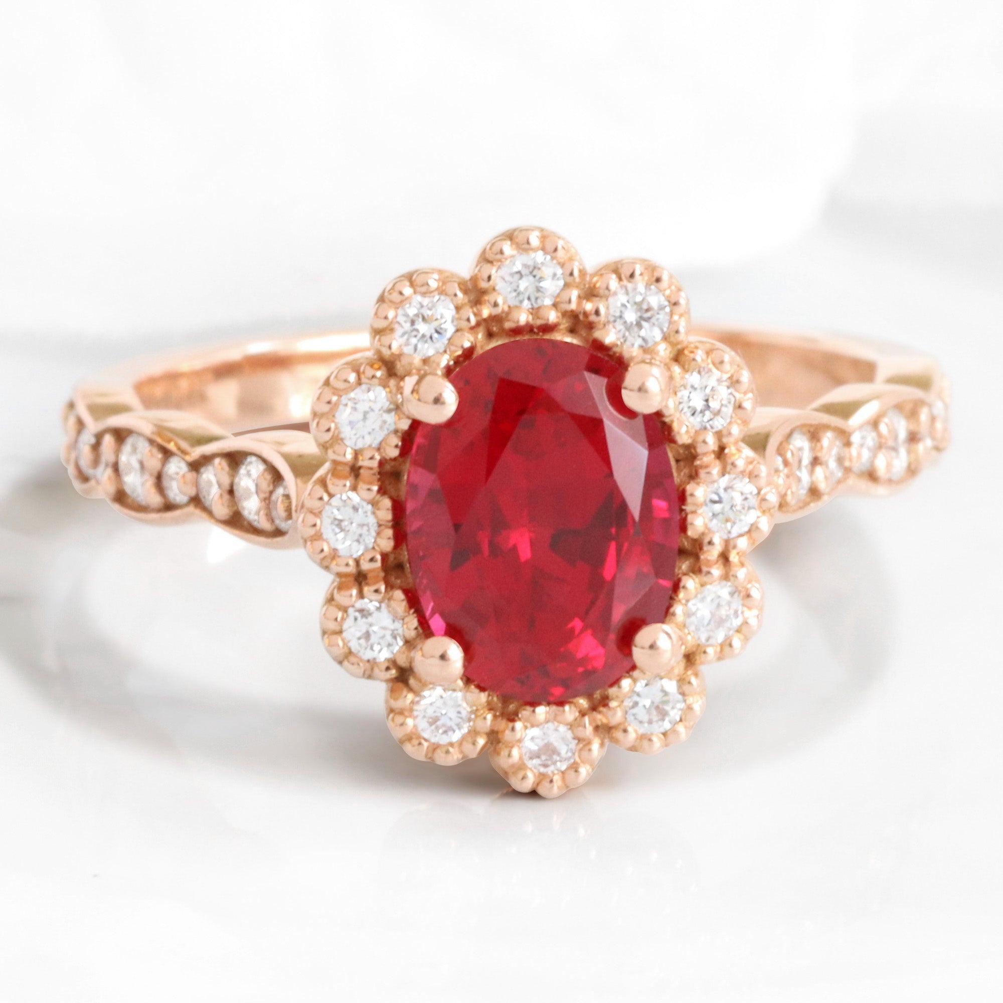 Vintage Halo Diamond Ruby Engagement Ring Gold Oval Shaped Ruby Ring ...