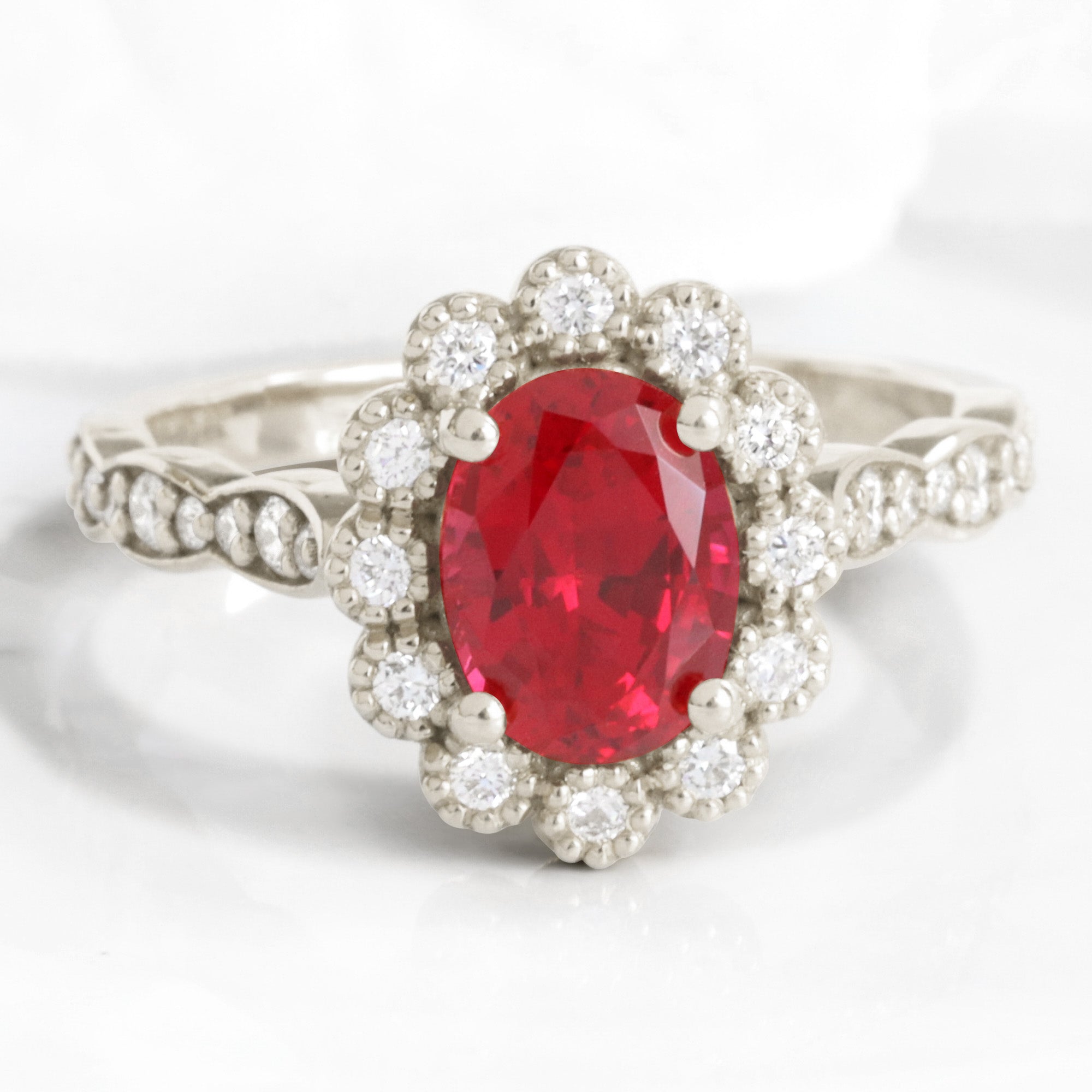 Vintage Halo Diamond Ruby Engagement Ring Gold Oval Shaped Ruby Ring ...