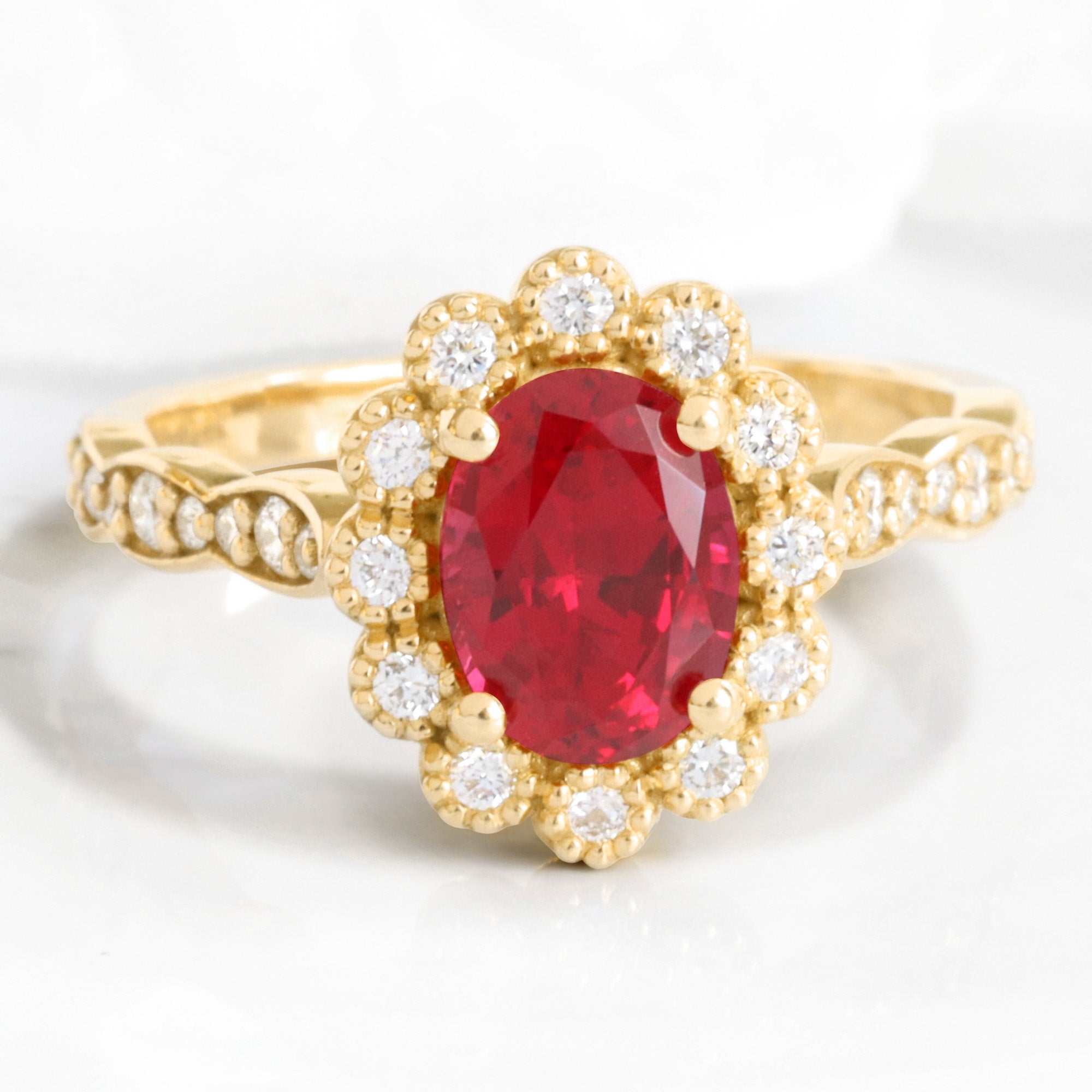 Vintage Halo Diamond Ruby Engagement Ring Gold Oval Shaped Ruby Ring ...