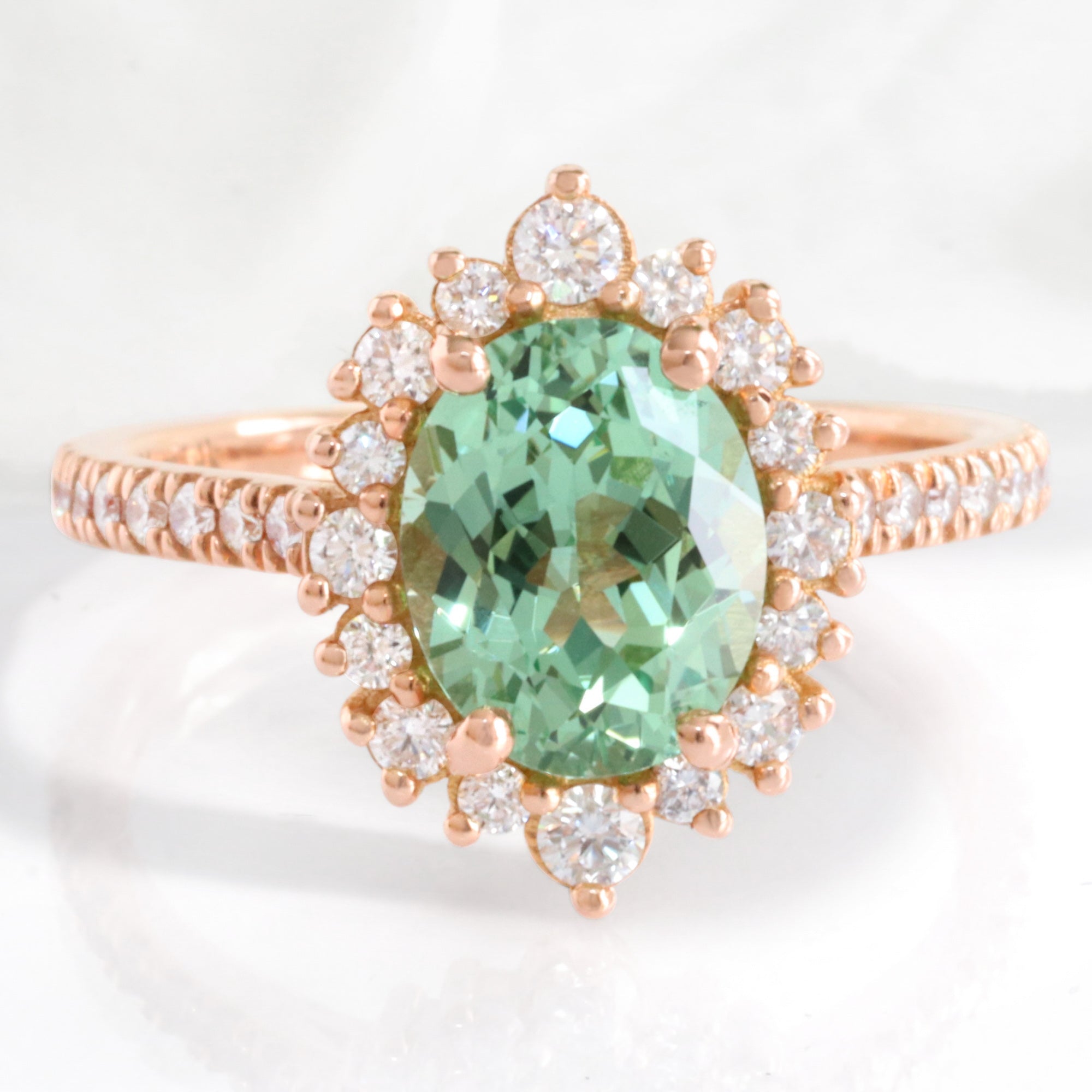 Large Oval Green Sapphire Engagement Ring Rose Gold Halo Diamond Band ...