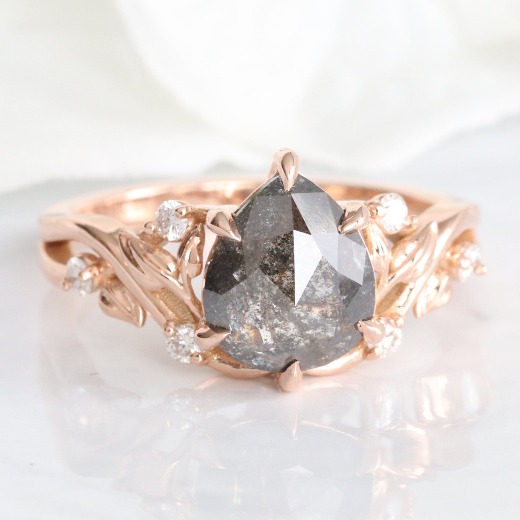 Pear Salt and Pepper Diamond Ring Rose Gold Grey Diamond Leaf Ring | La ...