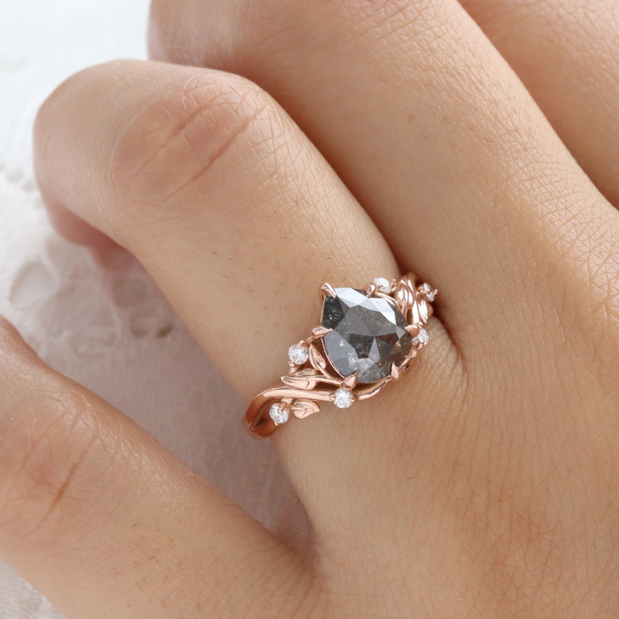 Pear Salt and Pepper Diamond Ring Rose Gold Grey Diamond Leaf Ring | La ...