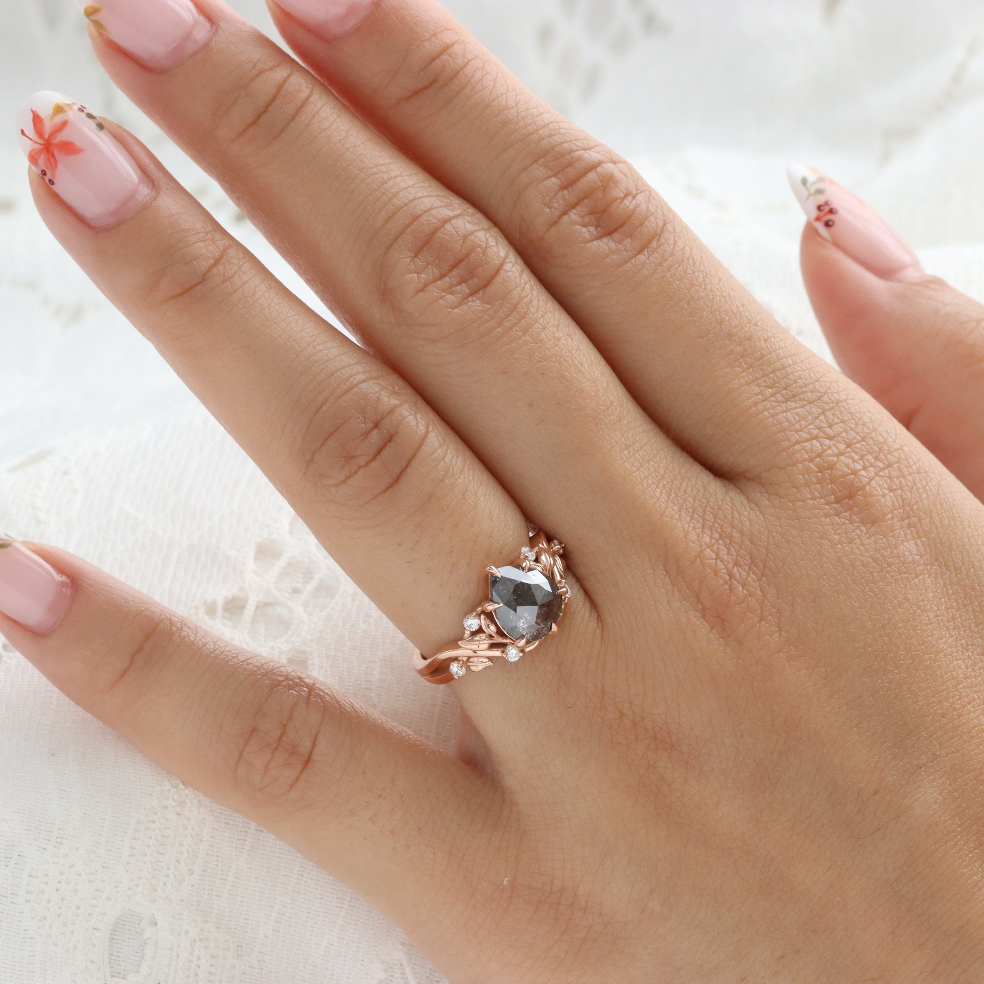 Pear Salt and Pepper Diamond Ring Rose Gold Grey Diamond Leaf Ring | La ...