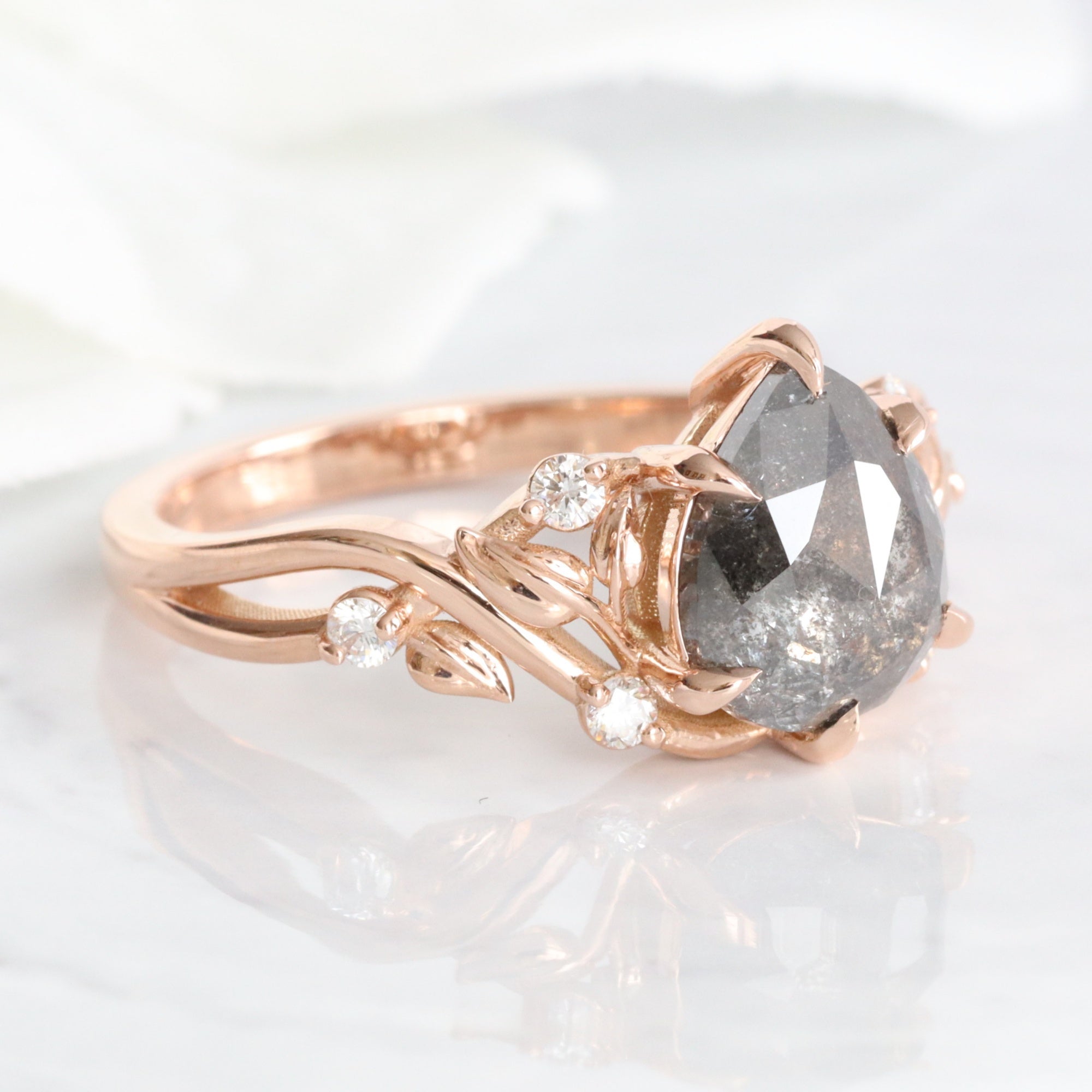 Pear Salt and Pepper Diamond Ring Rose Gold Grey Diamond Leaf Ring | La ...