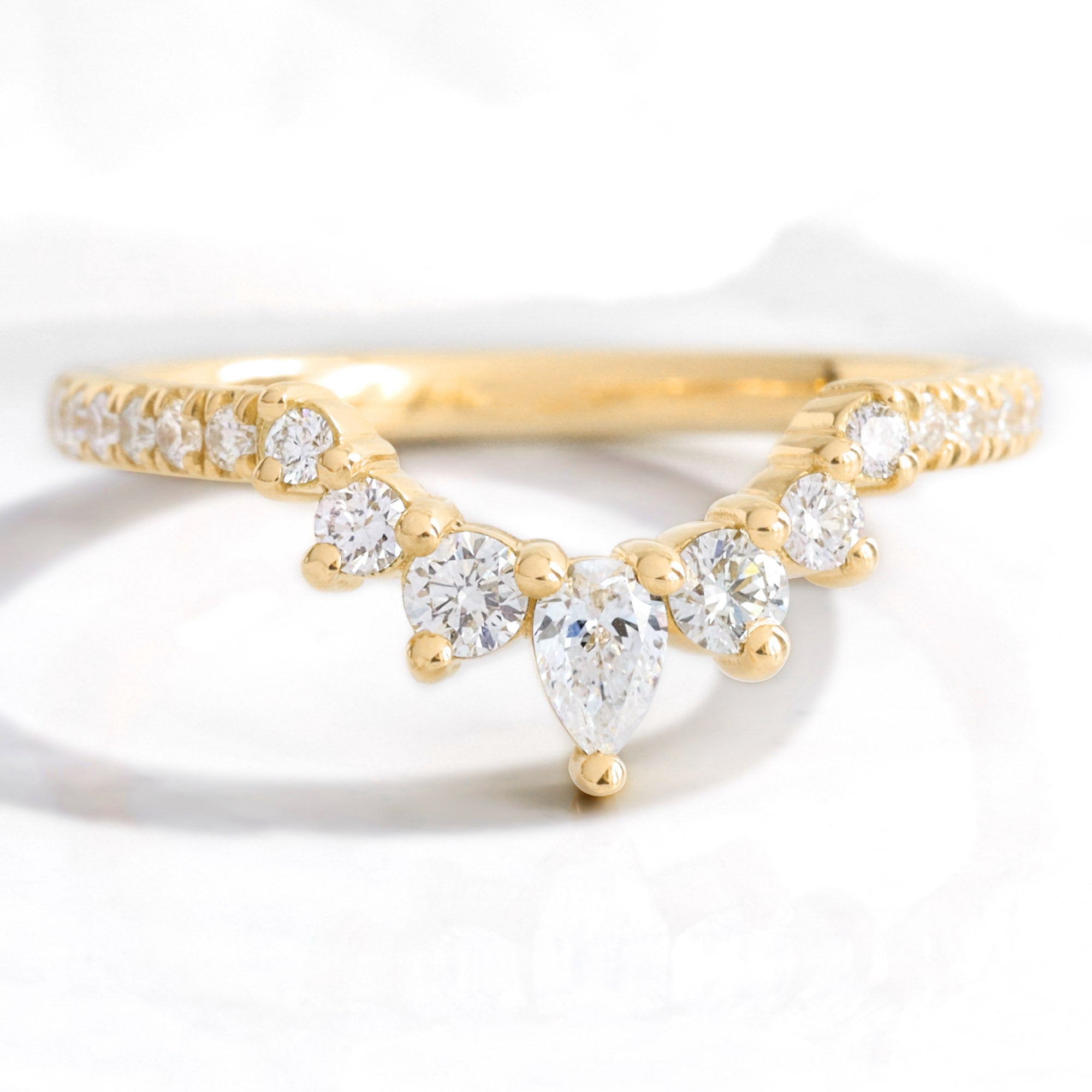 Round and Pear Diamond Wedding Ring Rose Gold Curved Pave Diamond Band ...