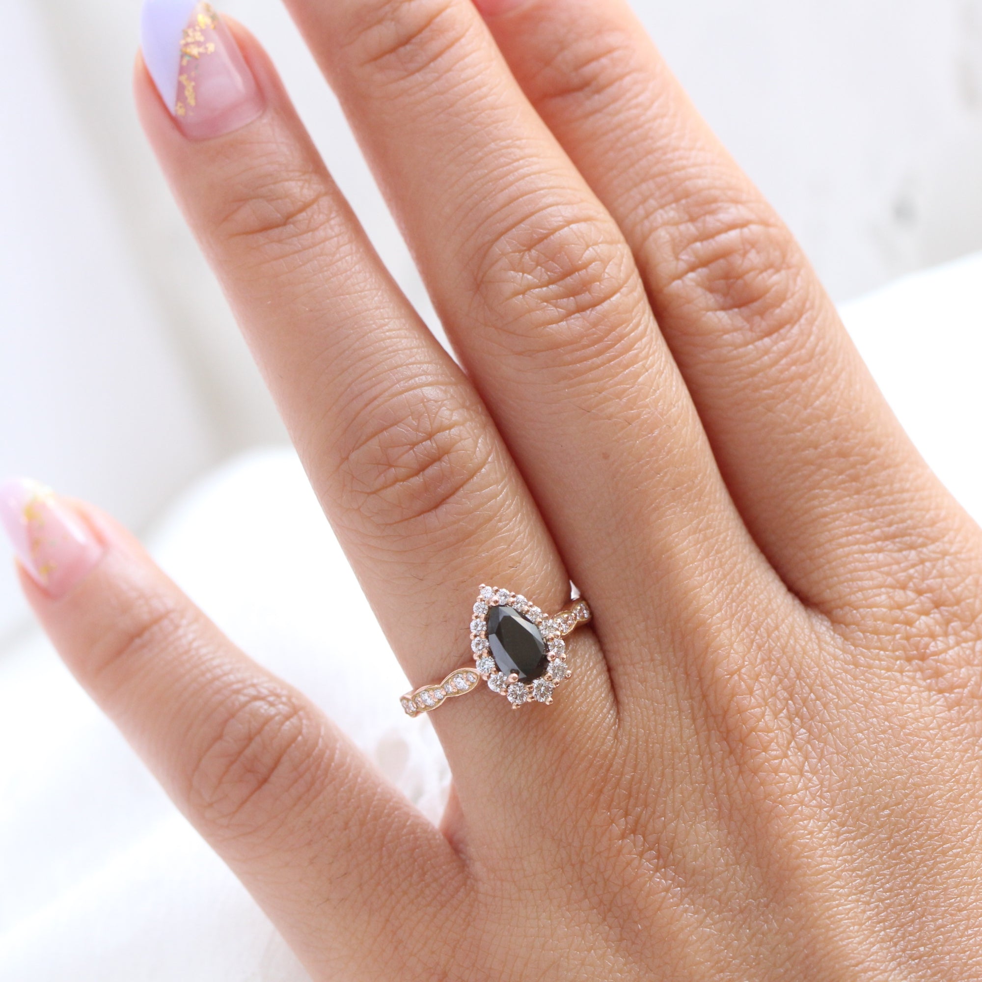 Pear Black Diamond Halo Engagement Ring 14k Rose Gold Cluster Band | La ...