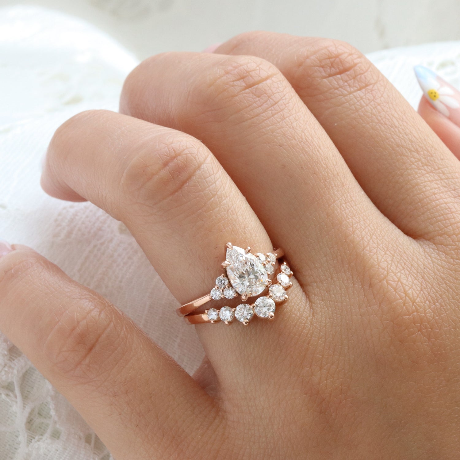 3 Stone Lab Created Diamond Ring Bridal Set Gold Pear Three Stone Ring ...