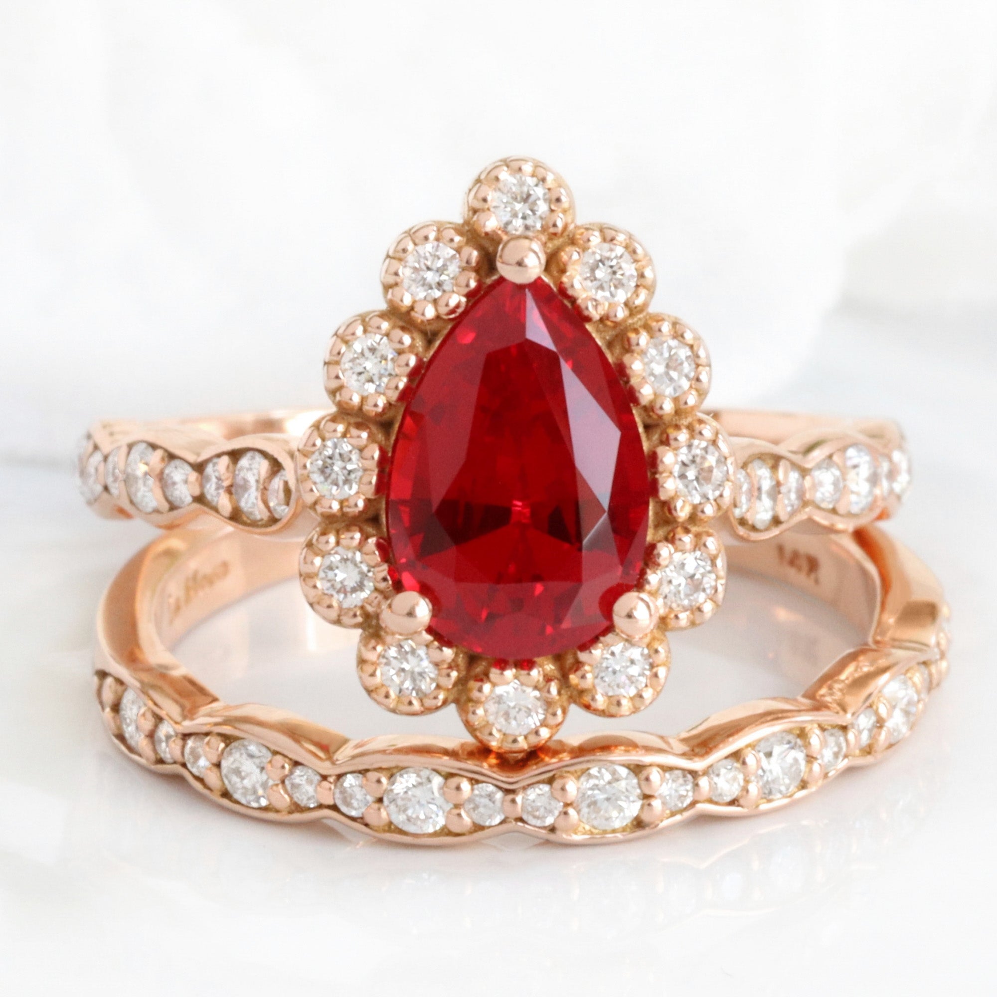 Vintage Halo Diamond Ruby Engagement Ring Gold Pear Shaped Ruby Ring ...