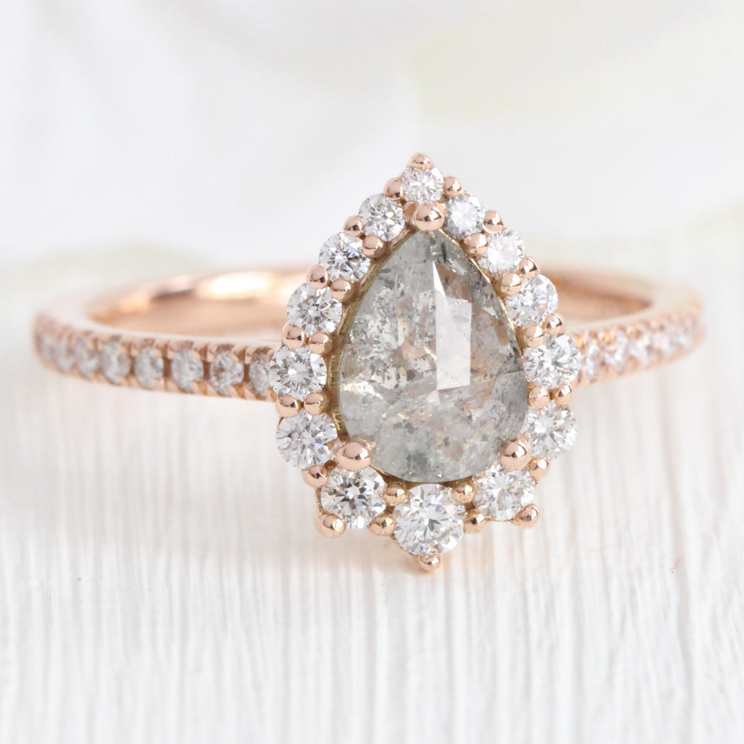 Natural Pear Salt and Pepper Diamond Ring Rose Gold Halo Cluster Ring ...