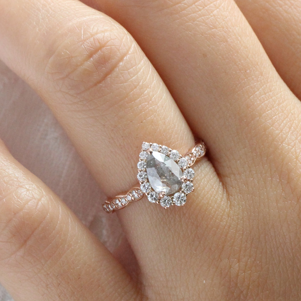 Unique Pear Salt and Pepper Diamond Ring Rose Gold Halo Cluster Ring ...