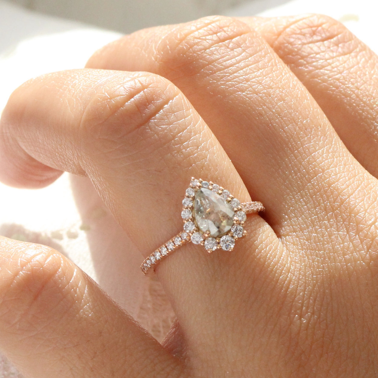 Natural Pear Salt and Pepper Diamond Ring Rose Gold Halo Cluster Ring ...