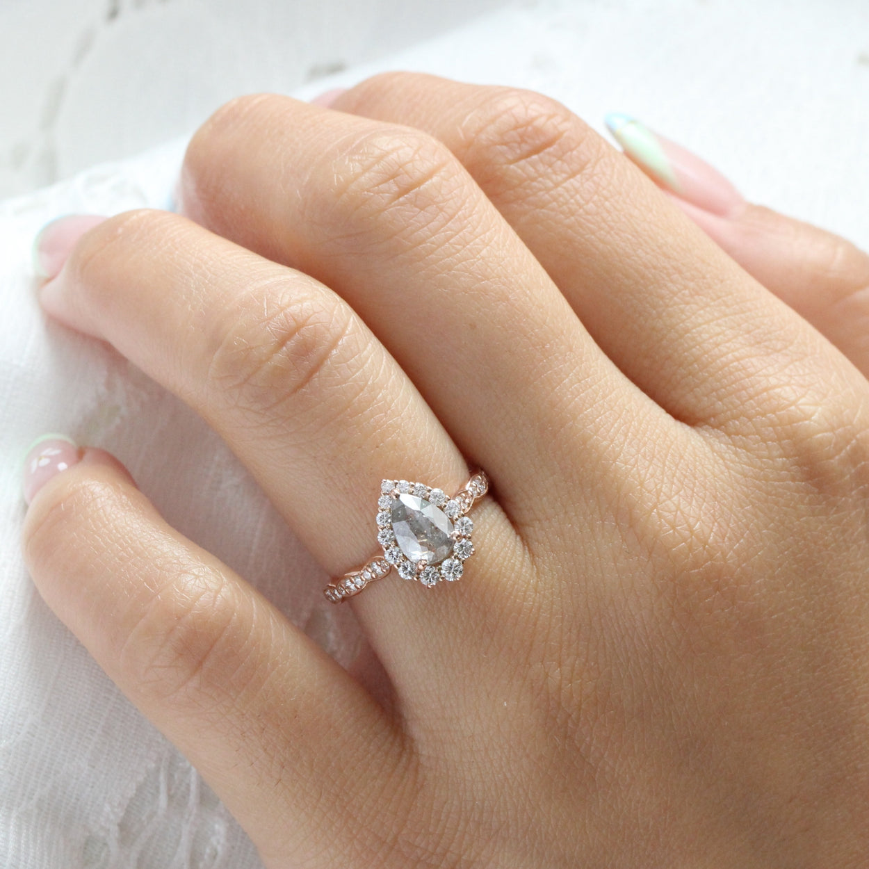 Unique Pear Salt and Pepper Diamond Ring Rose Gold Halo Cluster Ring ...