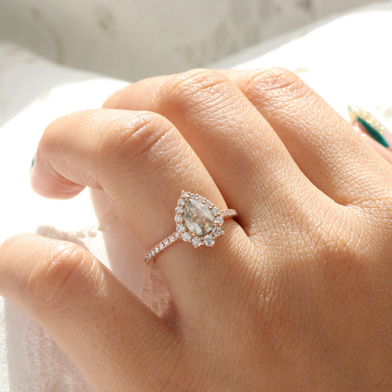 Natural Pear Salt and Pepper Diamond Ring Rose Gold Halo Cluster Ring ...
