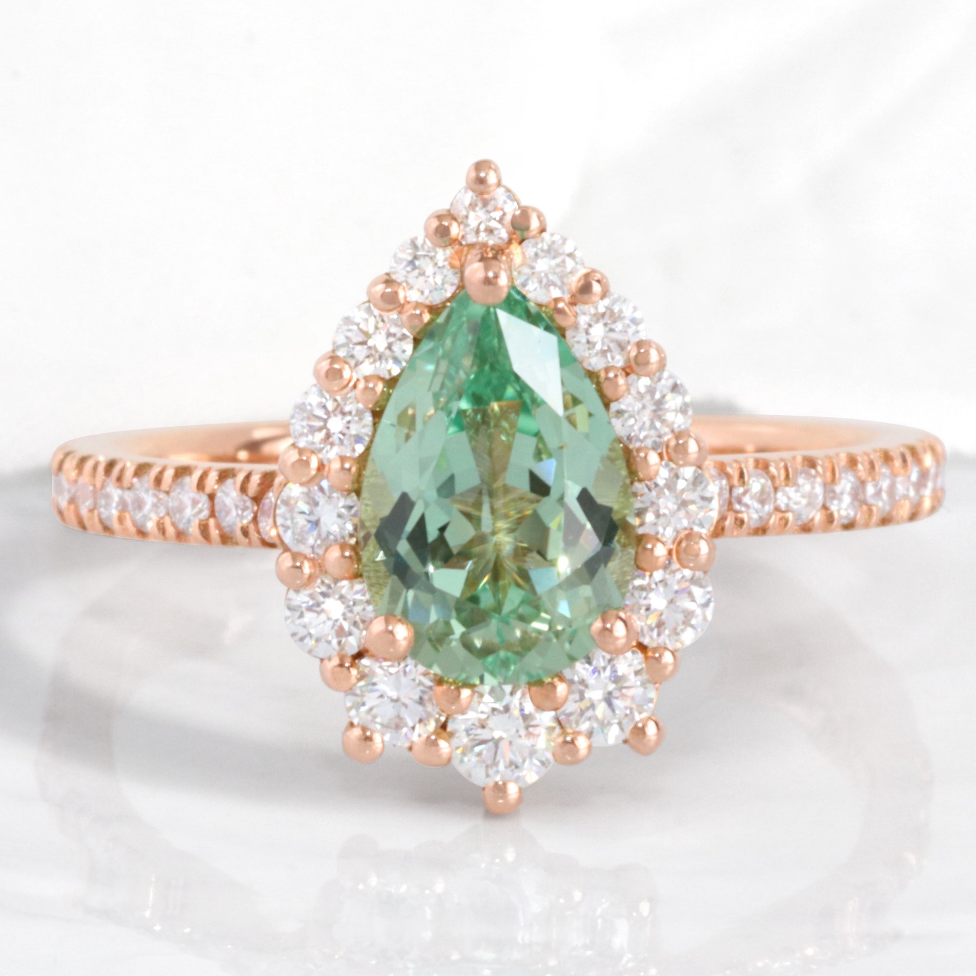 Pear Green Sapphire Engagement Ring Halo Sapphire Pave Diamond Band ...