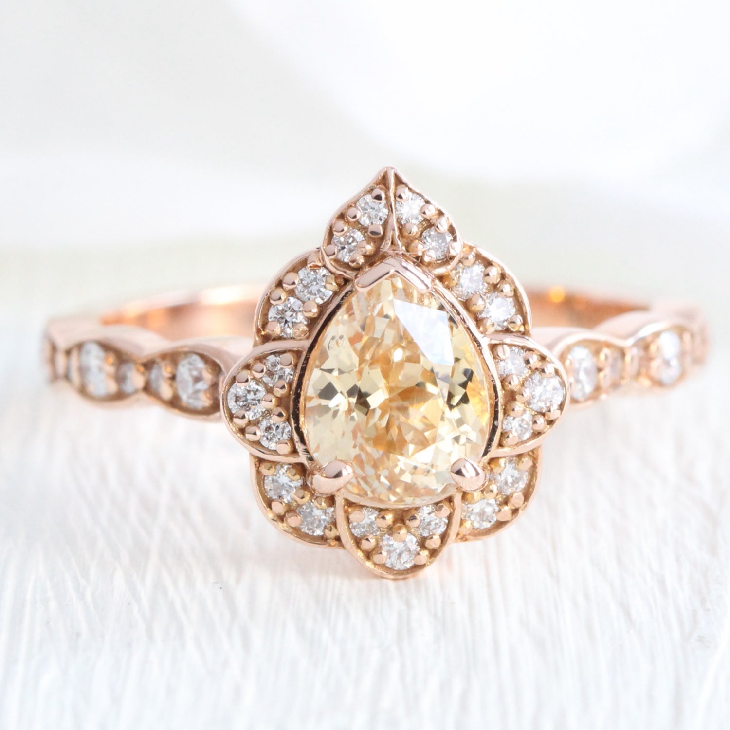 Vintage Floral Peach Yellow Sapphire Diamond Ring Rose Gold Pear Ring ...