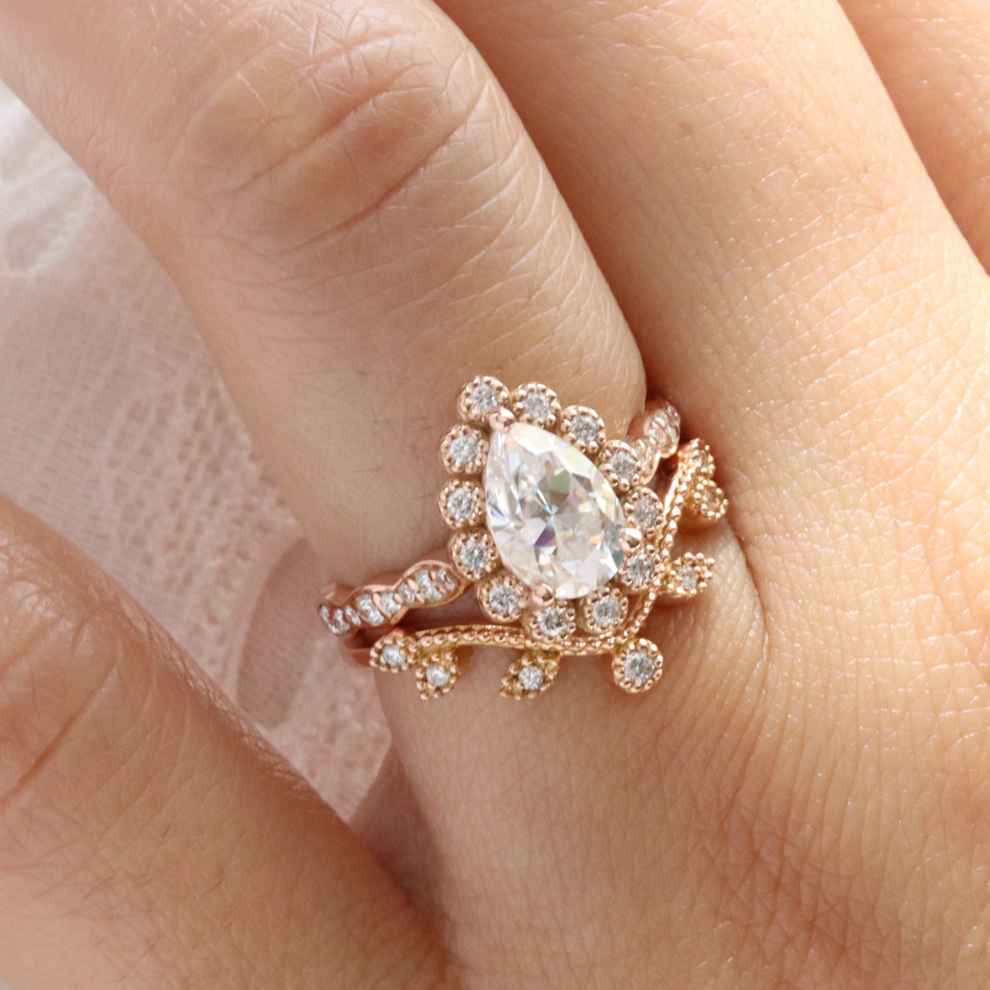 Pear Moissanite Diamond Ring Bridal Set Gold Vintage Halo Ring Stack ...